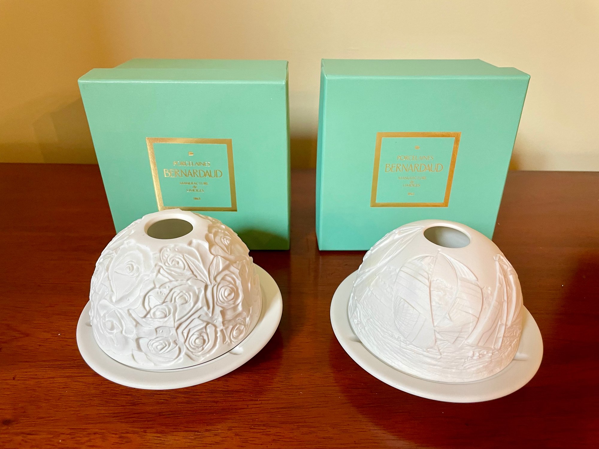 Two Bernardaud Lithophane Candle Votives - Rose Bouquet & The Sea (La ...