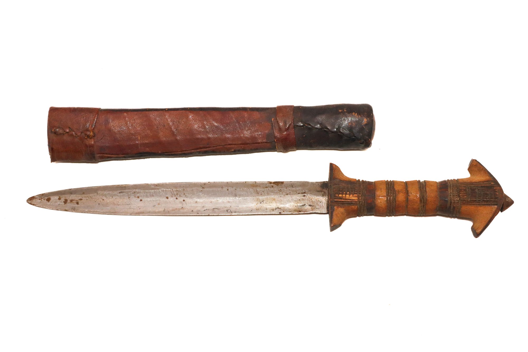 Antique Dagger Knife With Wood Carving Handle And Leather Sheath ...