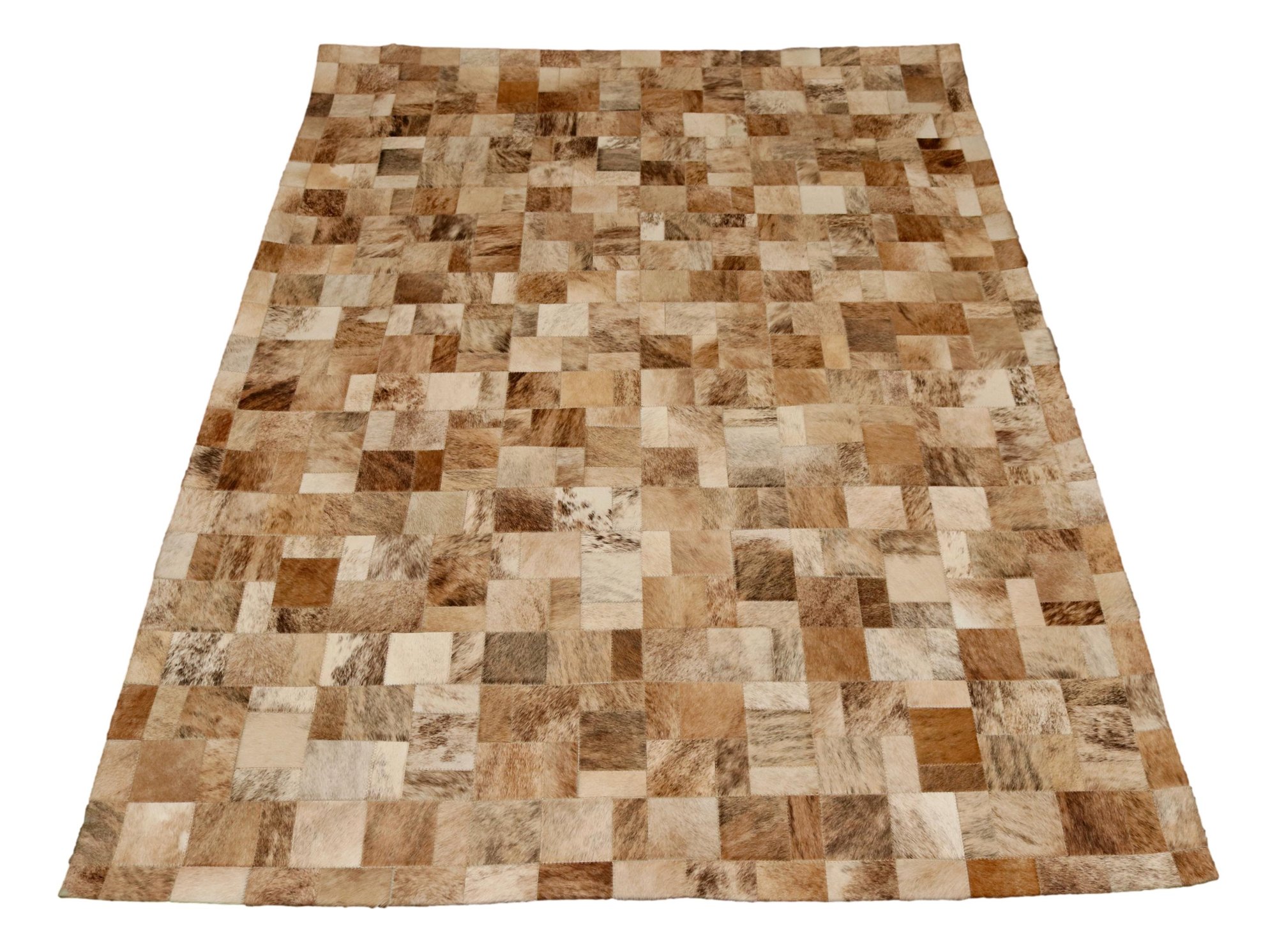 Beige And Tan Cowhide Square Pieced Patchwork Rectangular Rug With Zigzag Stitch #1916348 ...