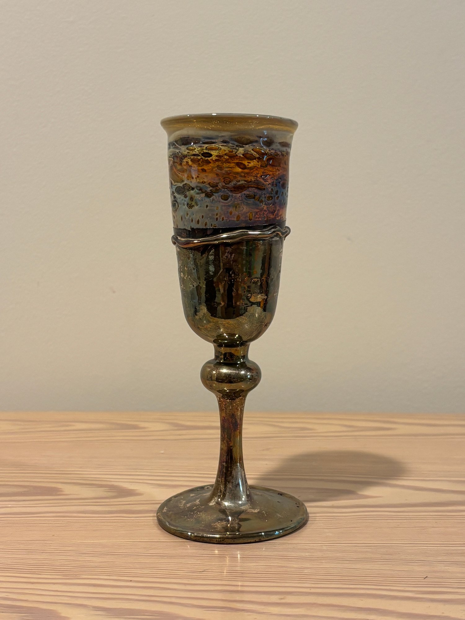 Iridescent Art Glass Goblet With Metallic Sheen & Swirled Accents ...