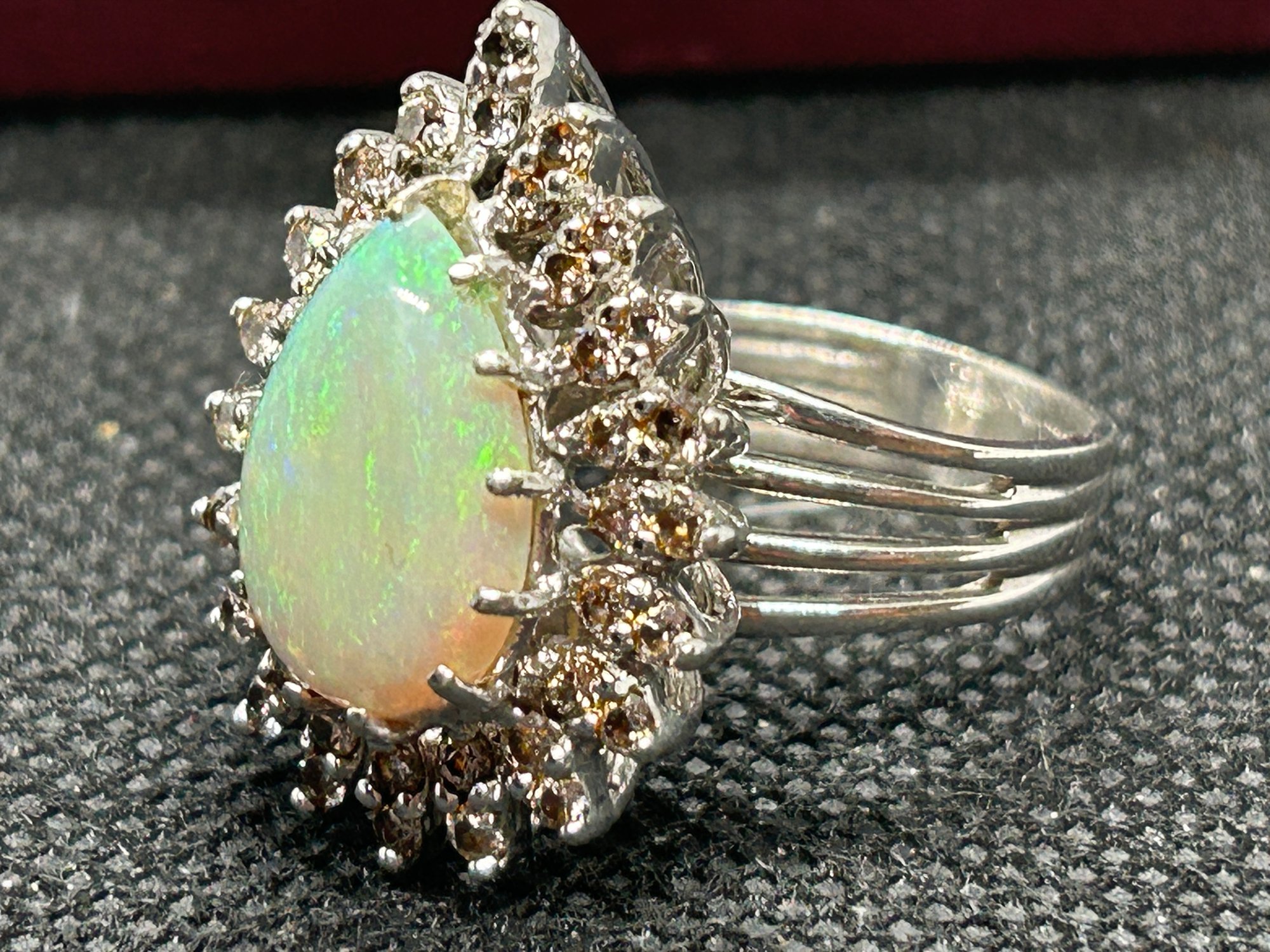 Wow! Factor Vintage 14K White Gold 3.8 Carat Australian Fire Opal Ring With 1 Carat Diamond Halo ...