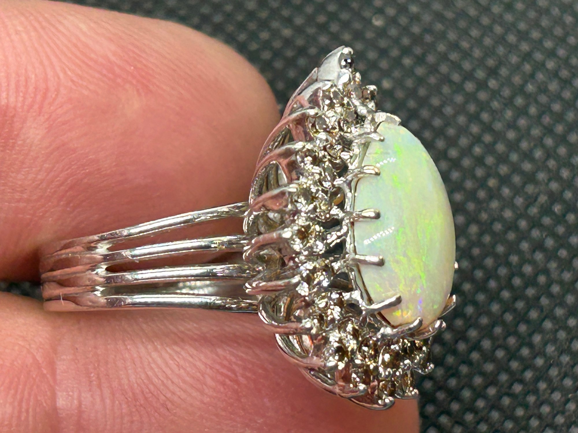 Wow! Factor Vintage 14K White Gold 3.8 Carat Australian Fire Opal Ring With 1 Carat Diamond Halo ...