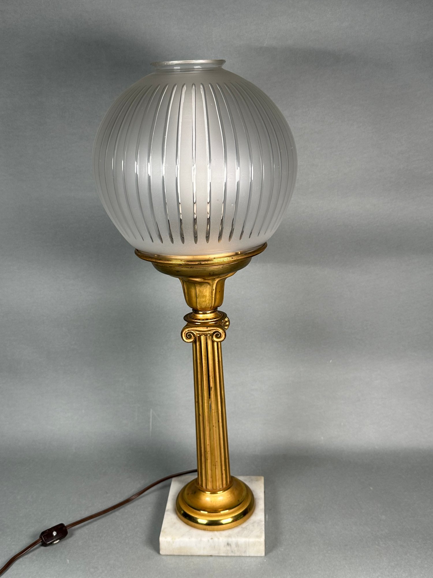 Antique Brass Column Fluted Glass Globe Lamp On Marble Base #40804020 ...