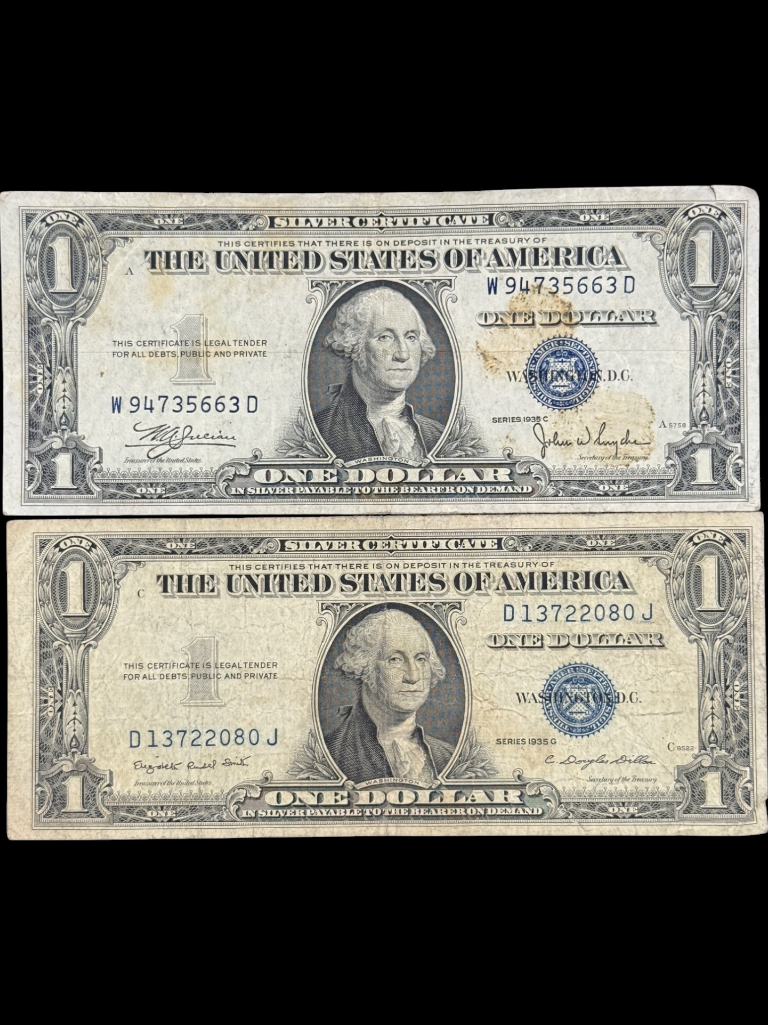 Beautiful Lot Of 2 One Dollar Bill -Silver Certificate U.S. Note 1935-C ...