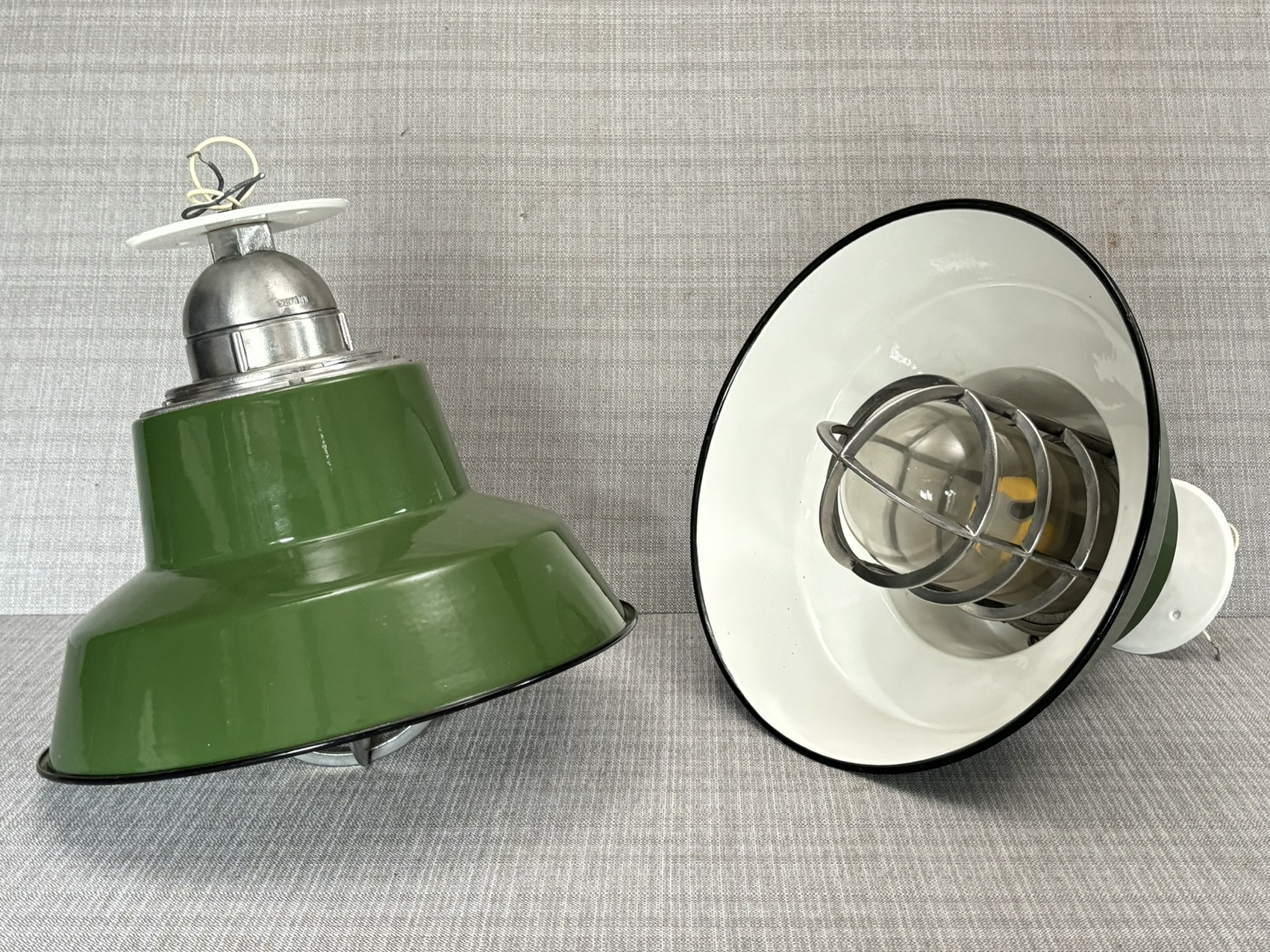 A Pair Of Vintage Enamel Shop Lights - Wired With Cages As Flush Mount ...