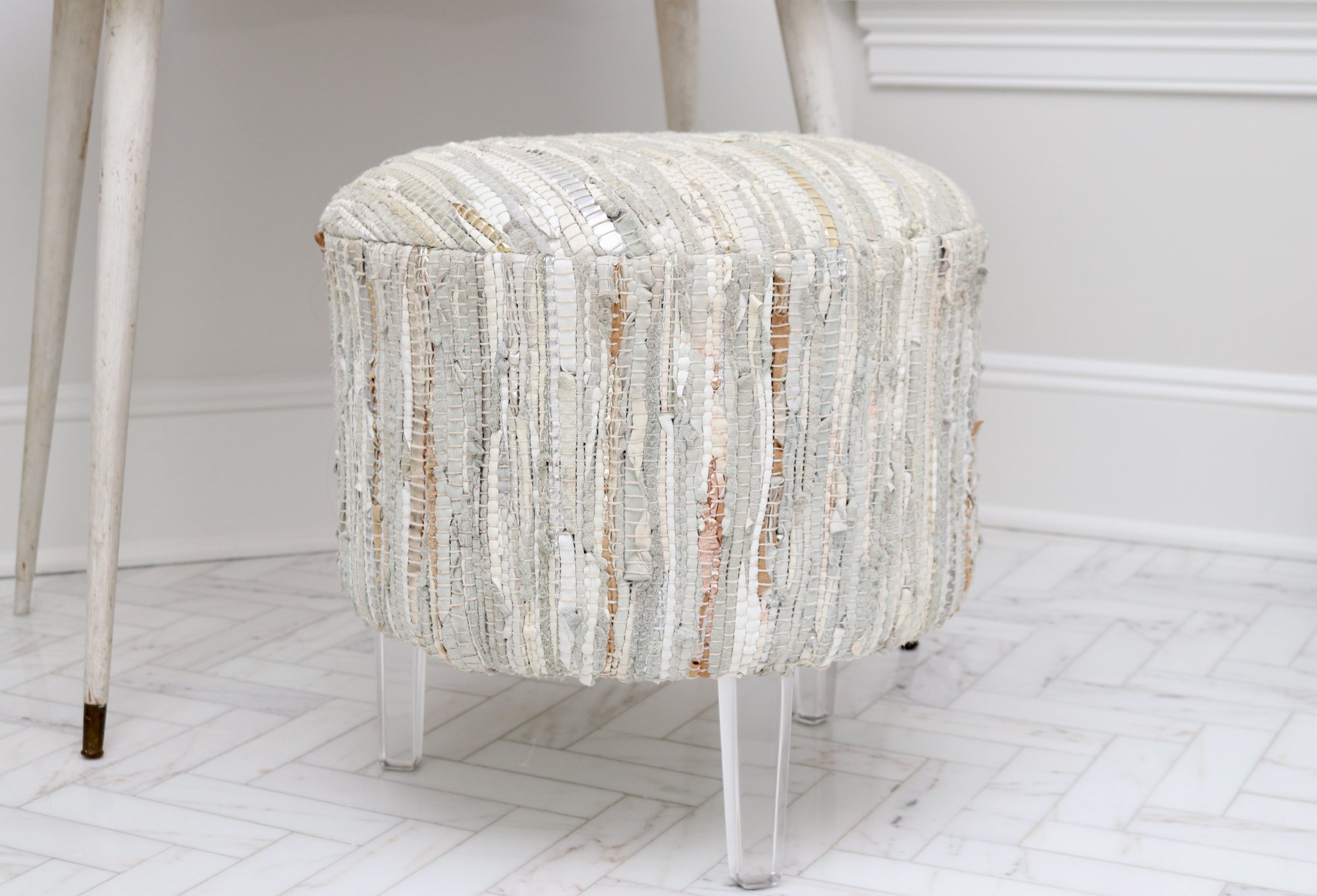 Interlude Home Leather Braided Lucite Stool - White Silver Gold And Grey Strips #1930381 ...