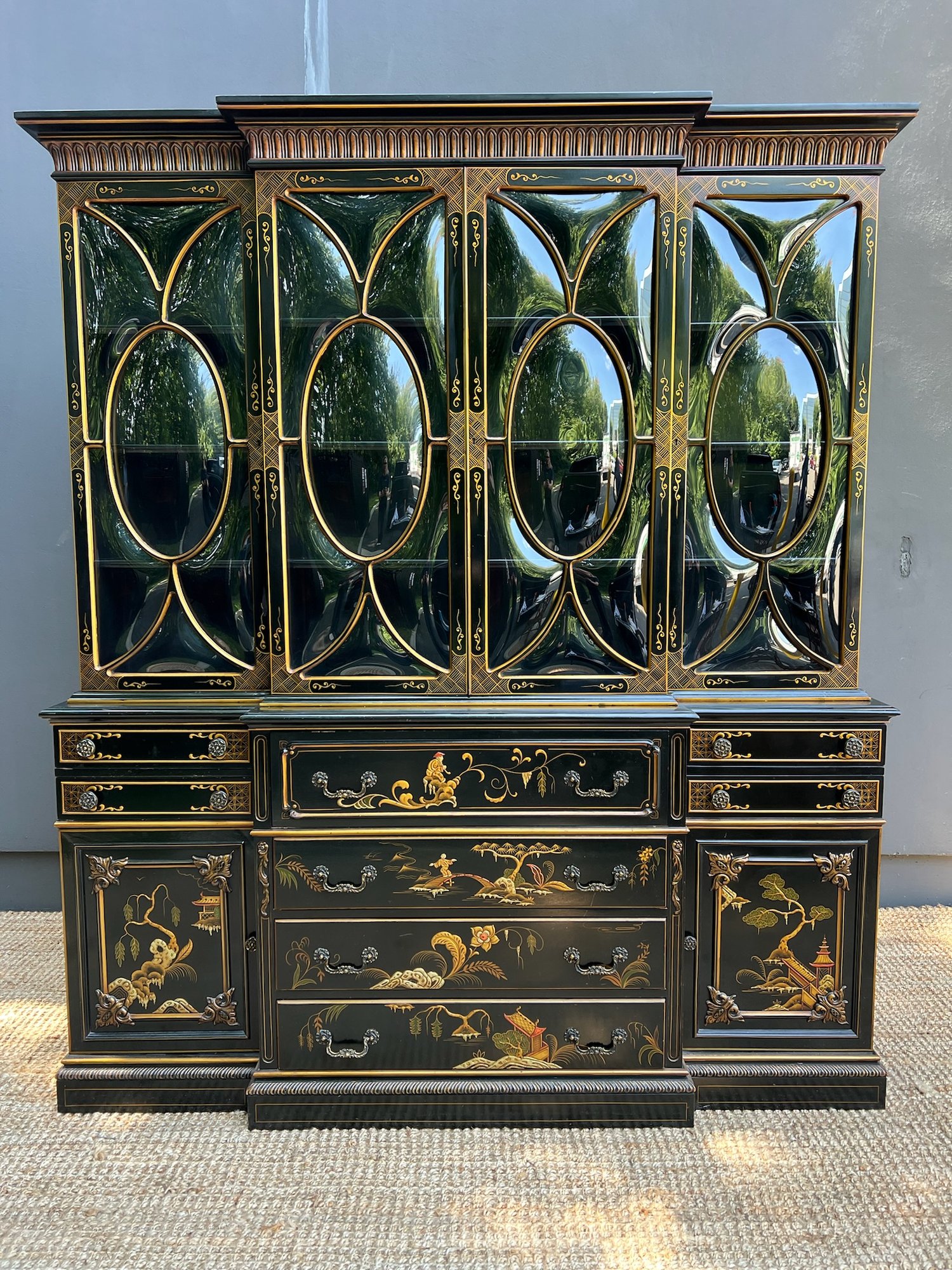 Elegant Black Chinoiserie Breakfront Secretary With Bubble Glass ...