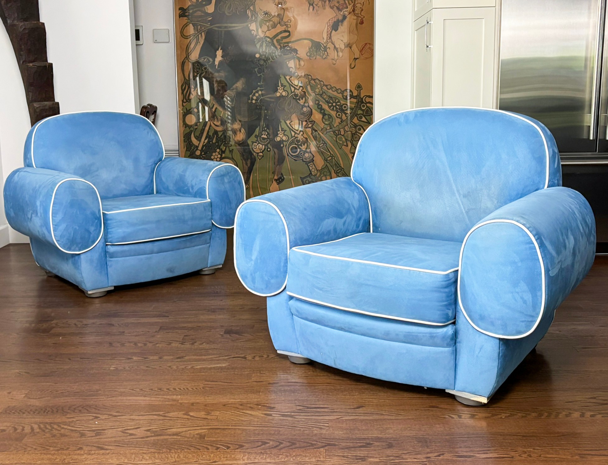 A Pair Of Vintage Art Deco Style Club Chairs In Powder Blue With White ...
