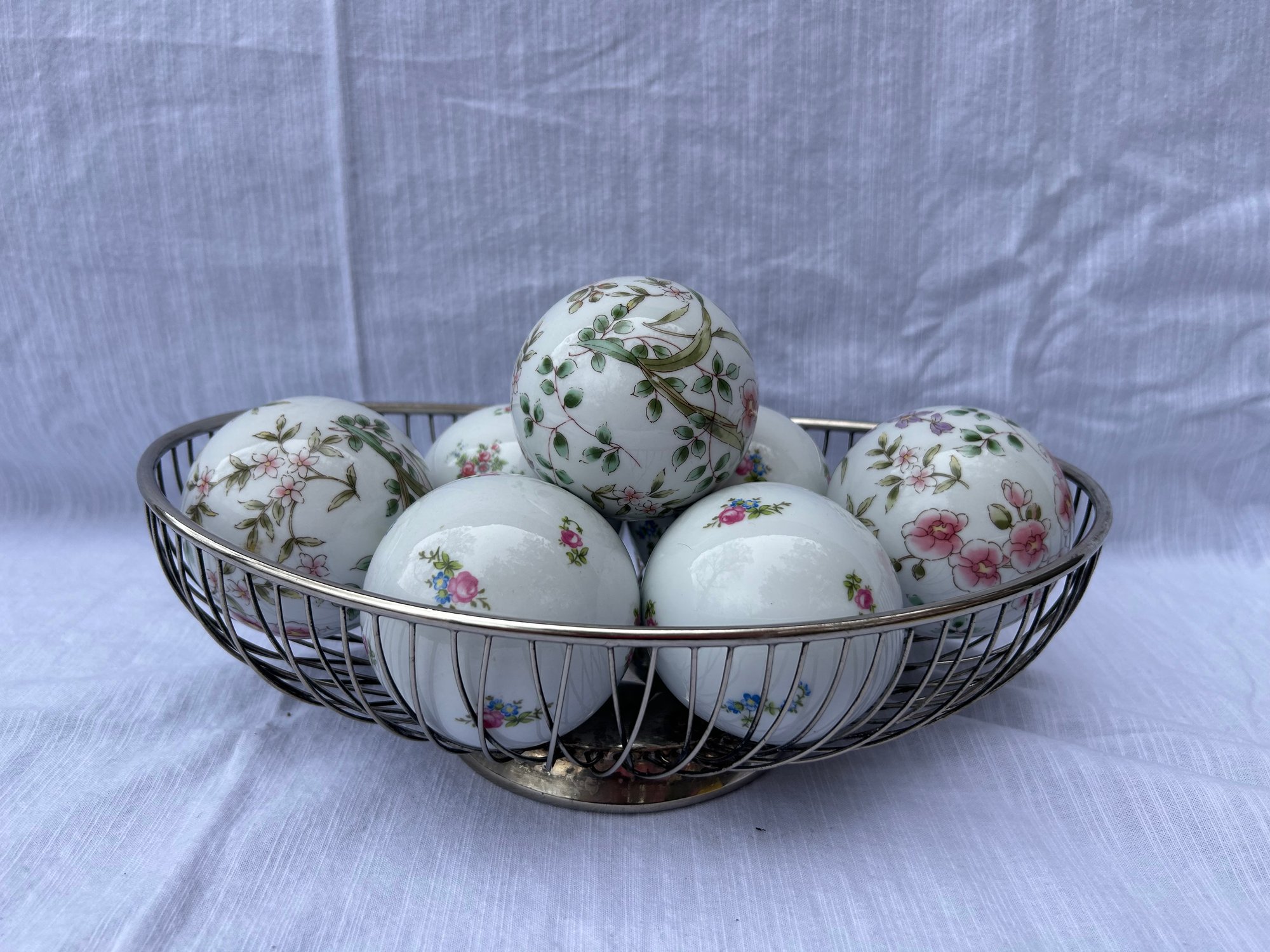 Set Of 7 Ceramic Glazed Balls And Wire Basket Holder #2010307 ...