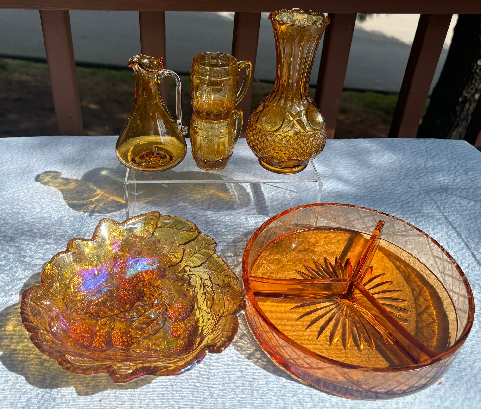 5 Piece Vtg Amber Glass Lot: Carnival Glass Berry Bowl, Divided Dish ...