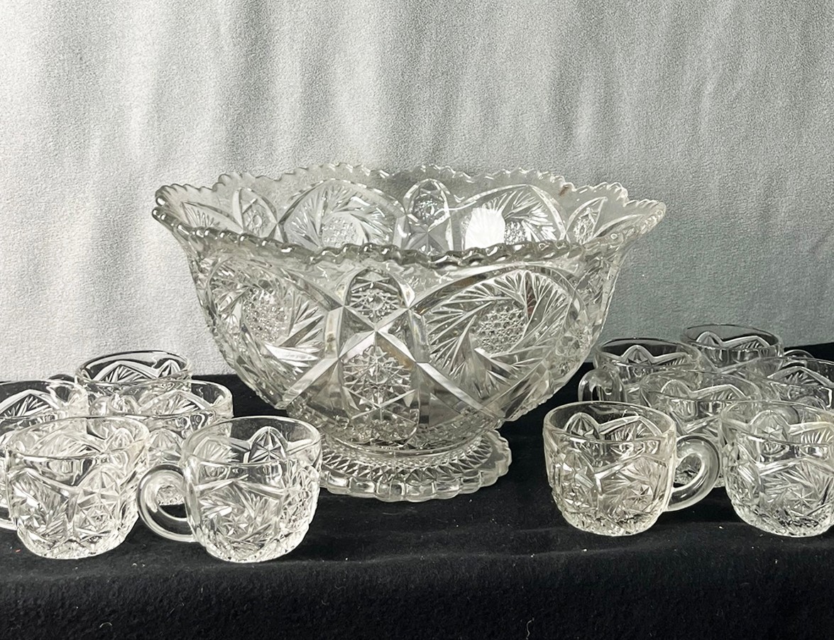 A Vintage Longchamp Style Pressed Crystal Punch Bowl Set From Cristal D ...