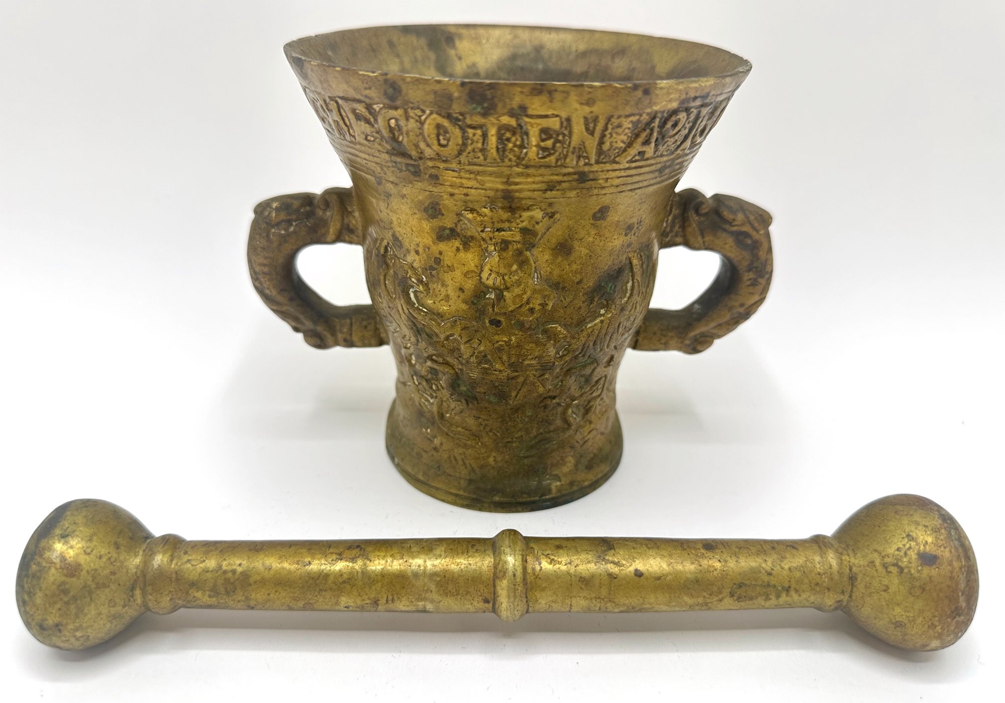 Large Antique French Engraved Gilded Bronze Mortar & Pestle With Coat ...