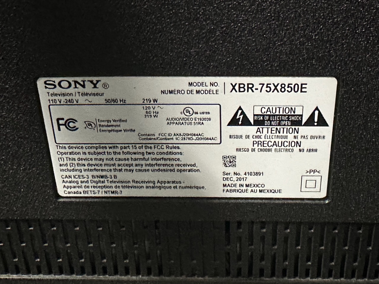 Sony Bravia 75" Television, Model XBR-75X850E, Circa 2017 #1957319 ...