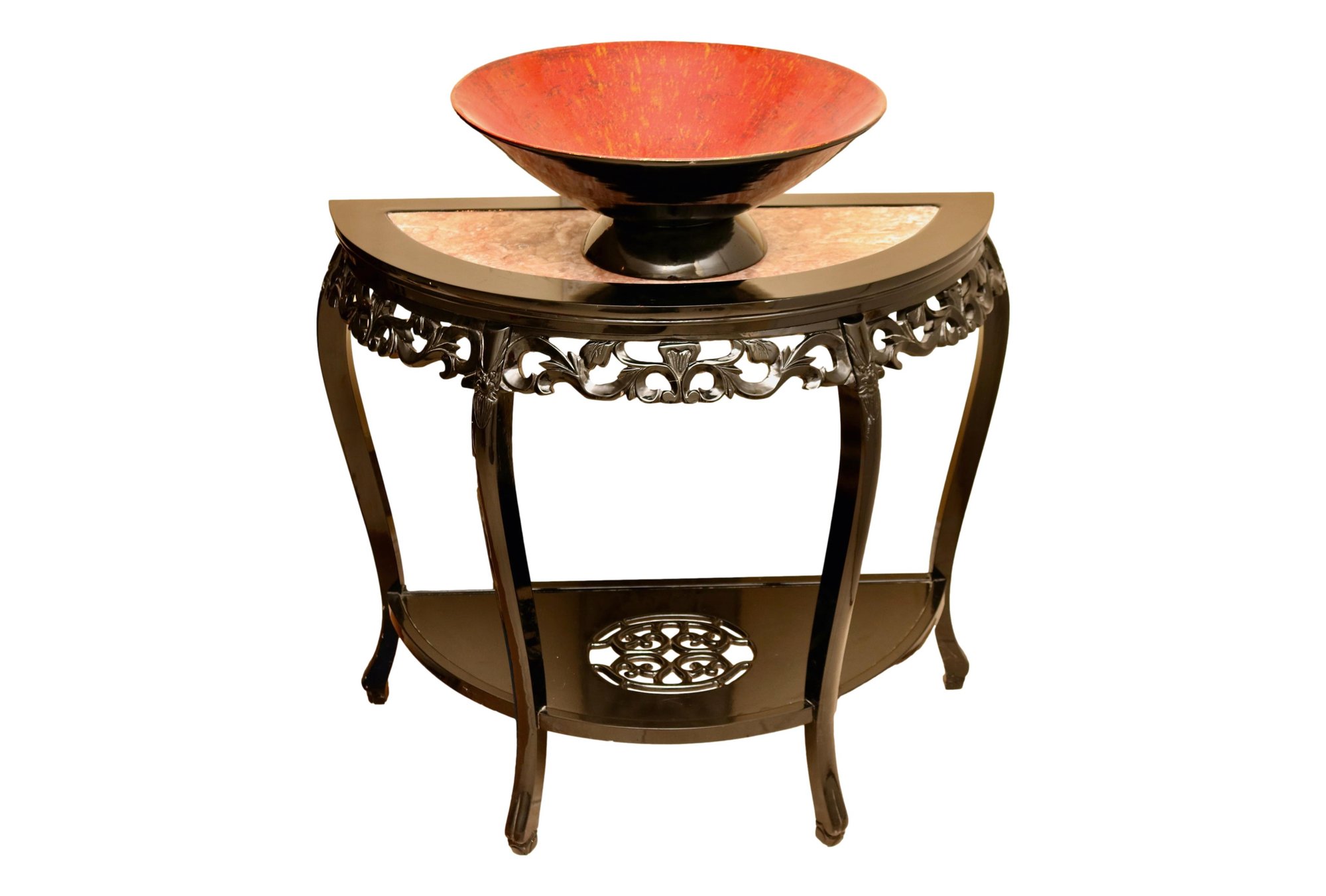 Black Lacquer Demilune Table With Marble Inset And Large Decorative ...