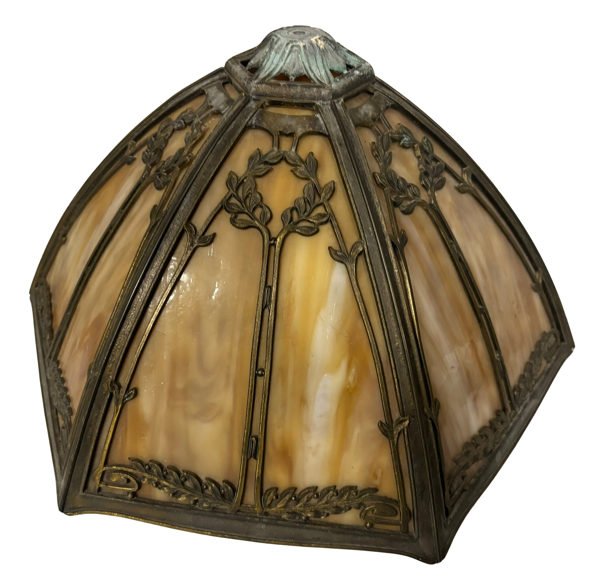 Antique Caramel Slag Stained Glass Metal Filigree Overlay 6- Panel Lamp ...