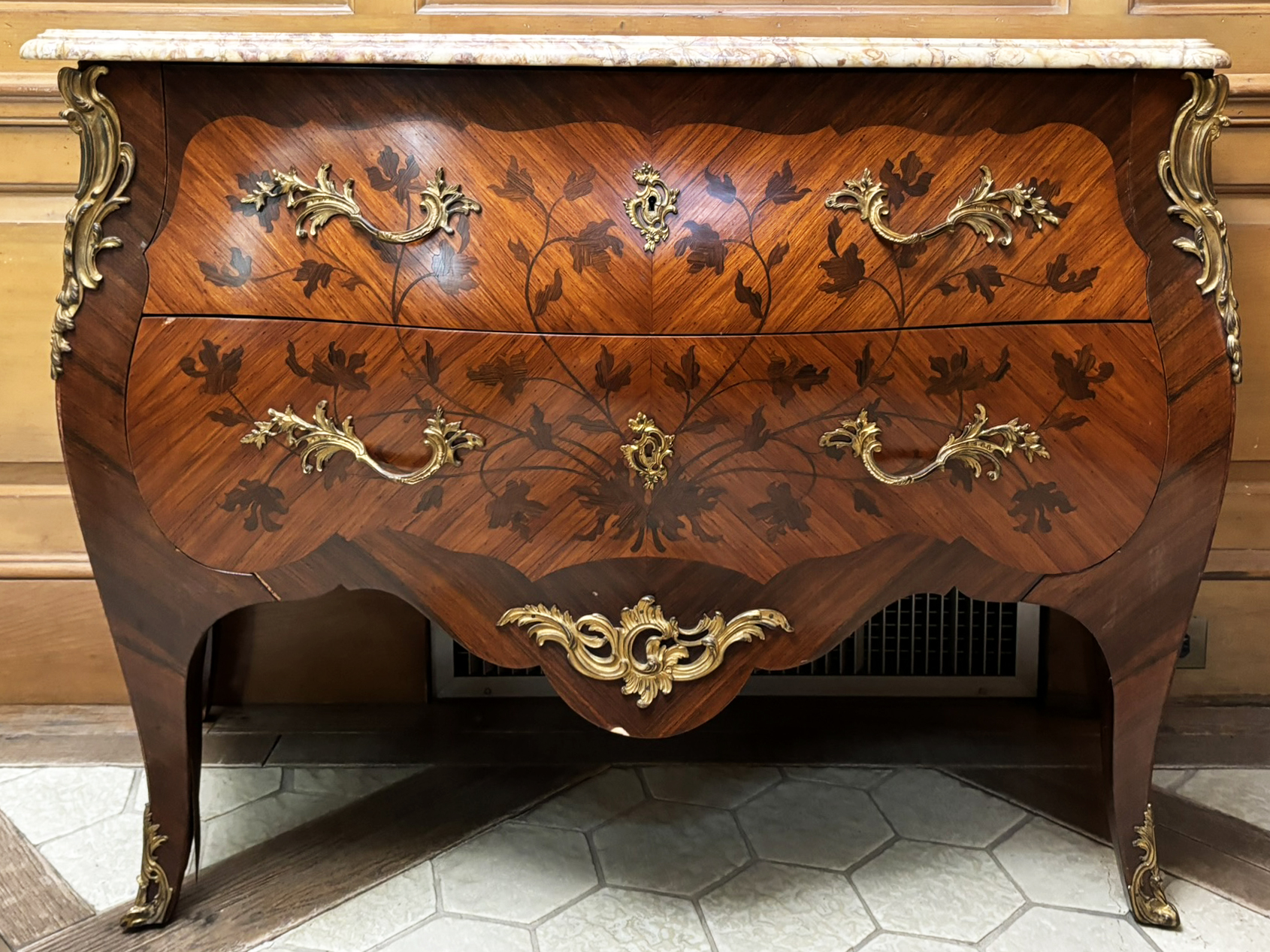 A Vintage Italian Marquetry Bombe Form Chest With Marble Top And Ormolu ...