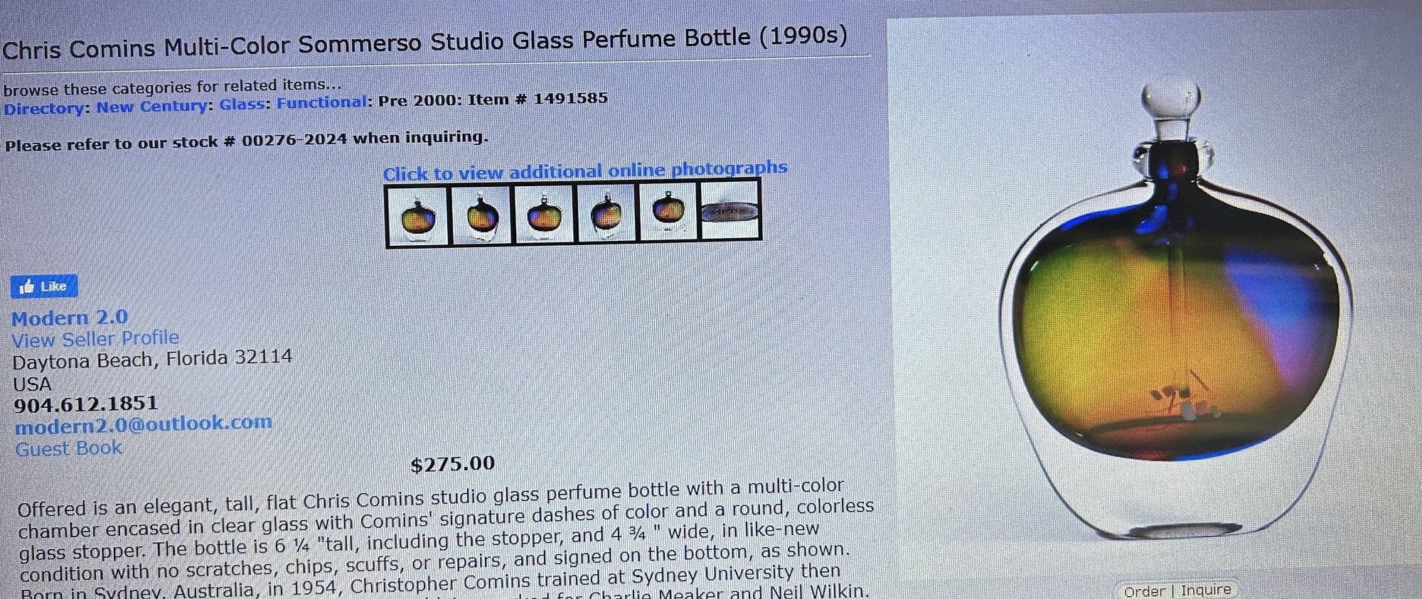 Stunning Signed CHRIS COMINS Art Glass Perfume Bottle- Originally $400 ...