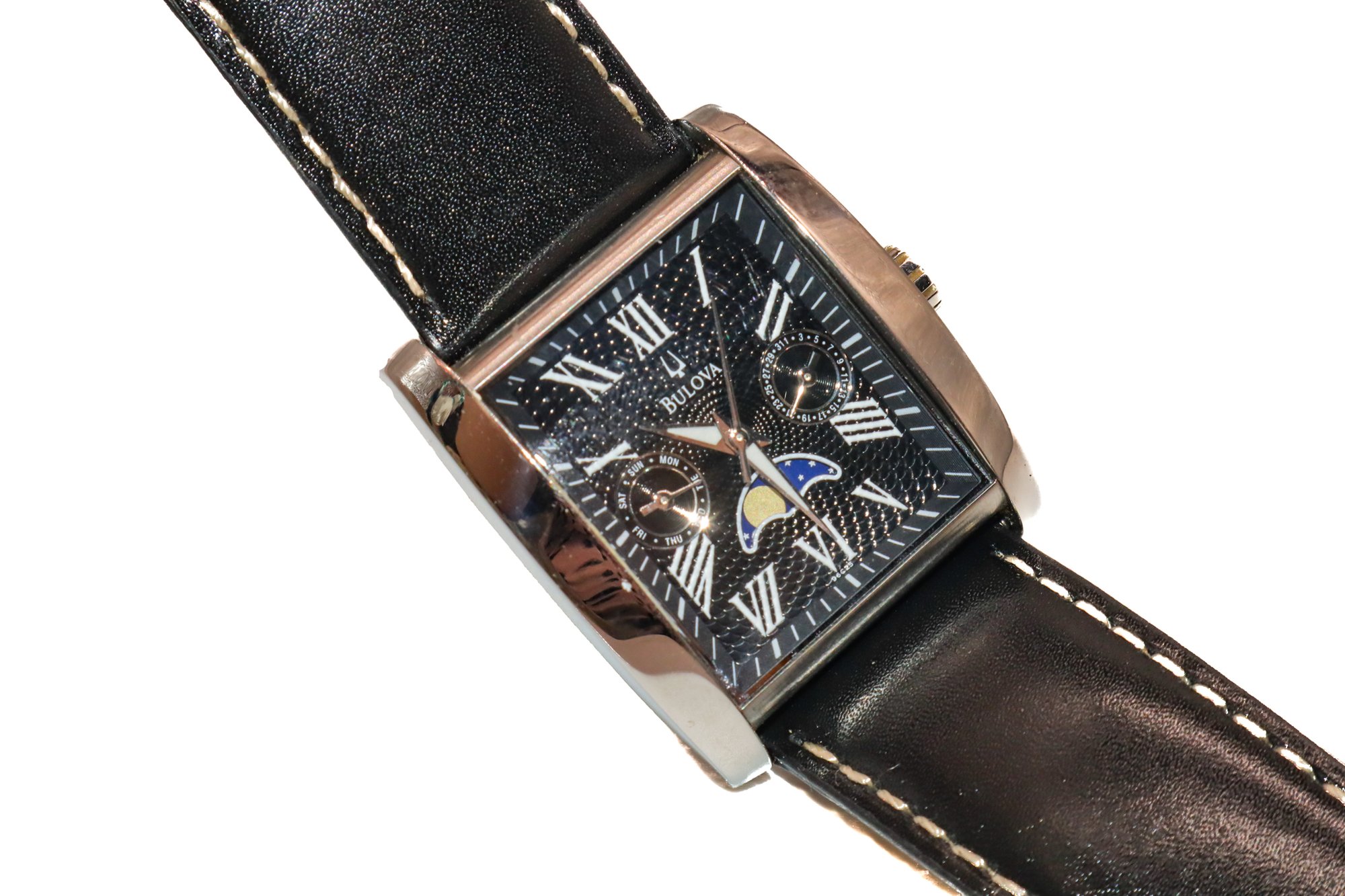 Bulova Moon Phase Calendar And Date Watch Black Leather Band - Working ...