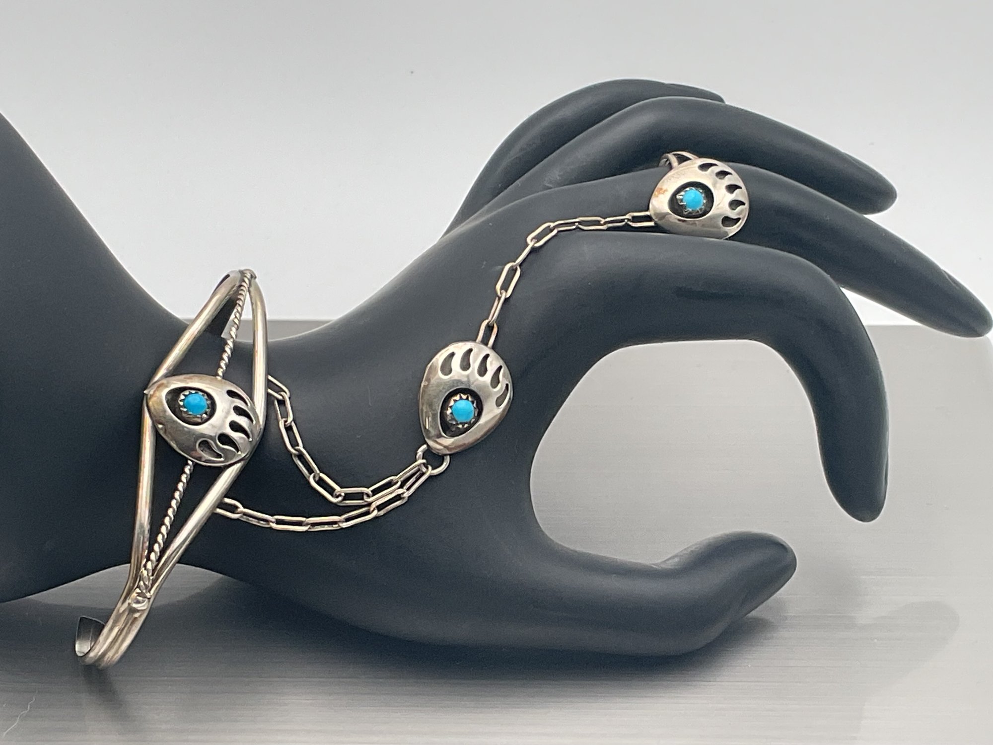 Southwest Sterling Silver Bear Paw Turquoise Bracelet Ring #2104895 ...