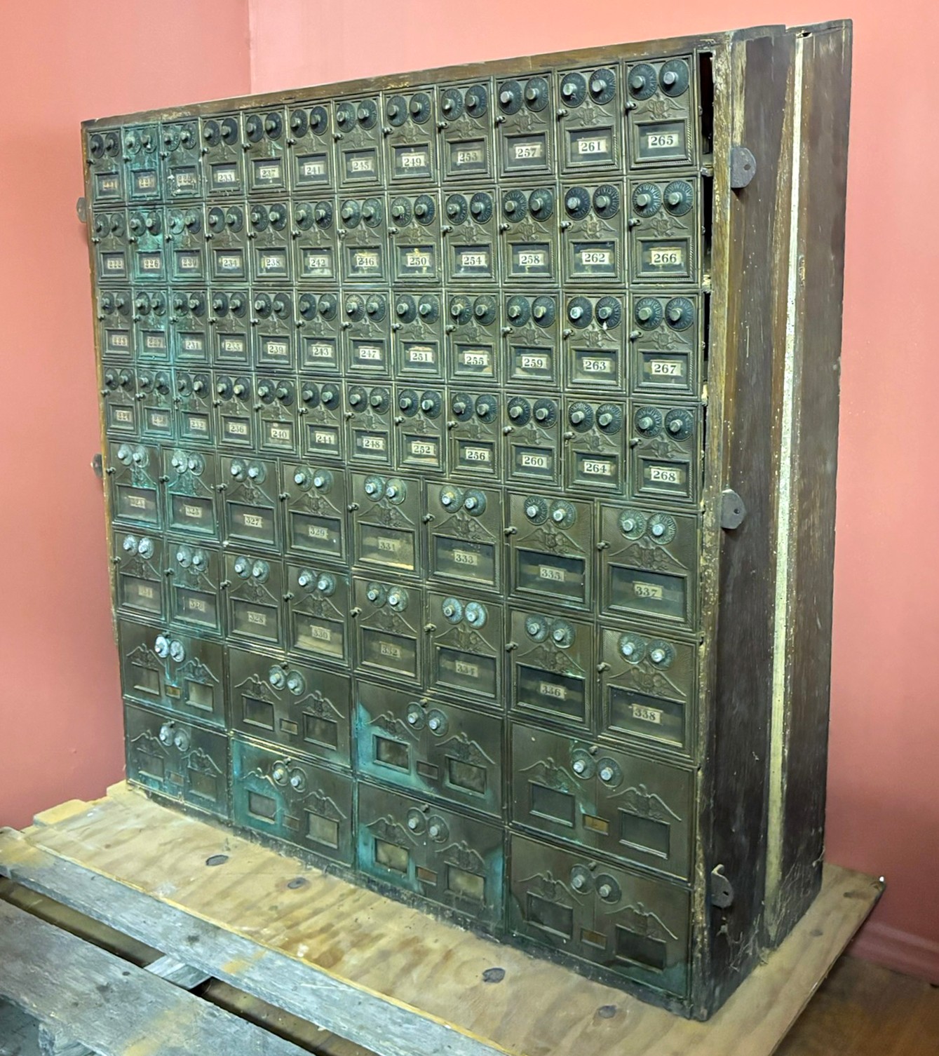 A C. 1890 U.S. Post Office Brass Mailbox Door Cabinet With Over 70 ...