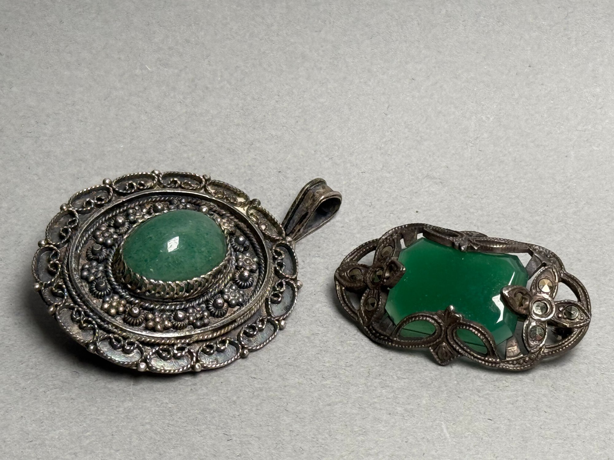 Vintage Israeli Sterling Silver 935 Marcasite Green Stone Pin Pendant ...