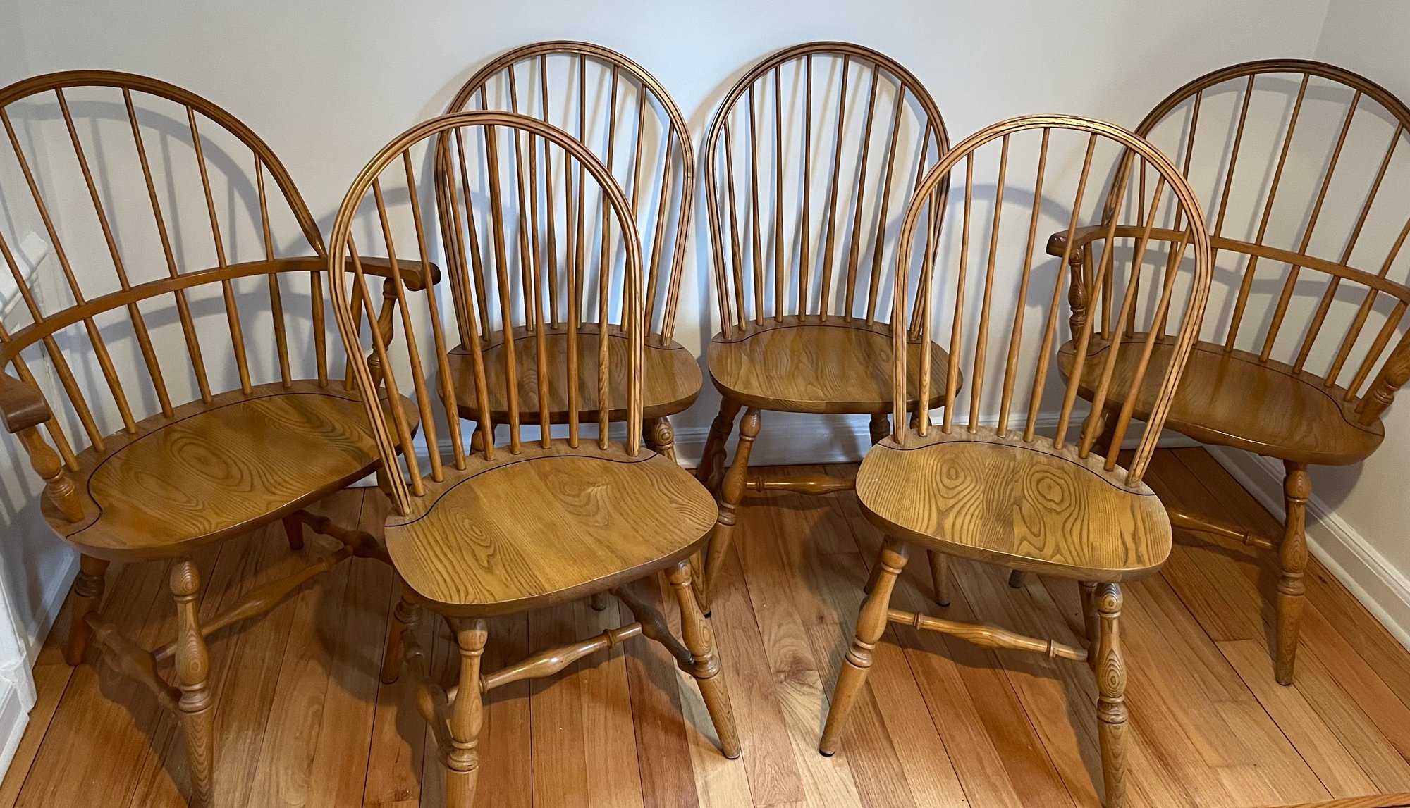 6 Windsor Style Hitchcock Oak Dining Or Kitchen Chairs - 2 Arm, 4 Side ...