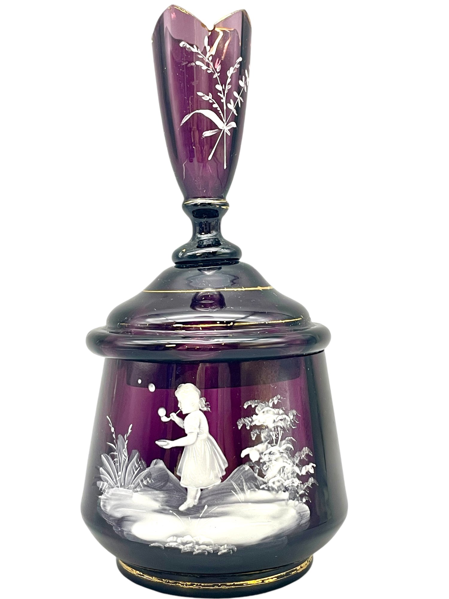 Victorian Mary Gregory Lidded Candy Bowl With A Girl And Soap Bubbles ...