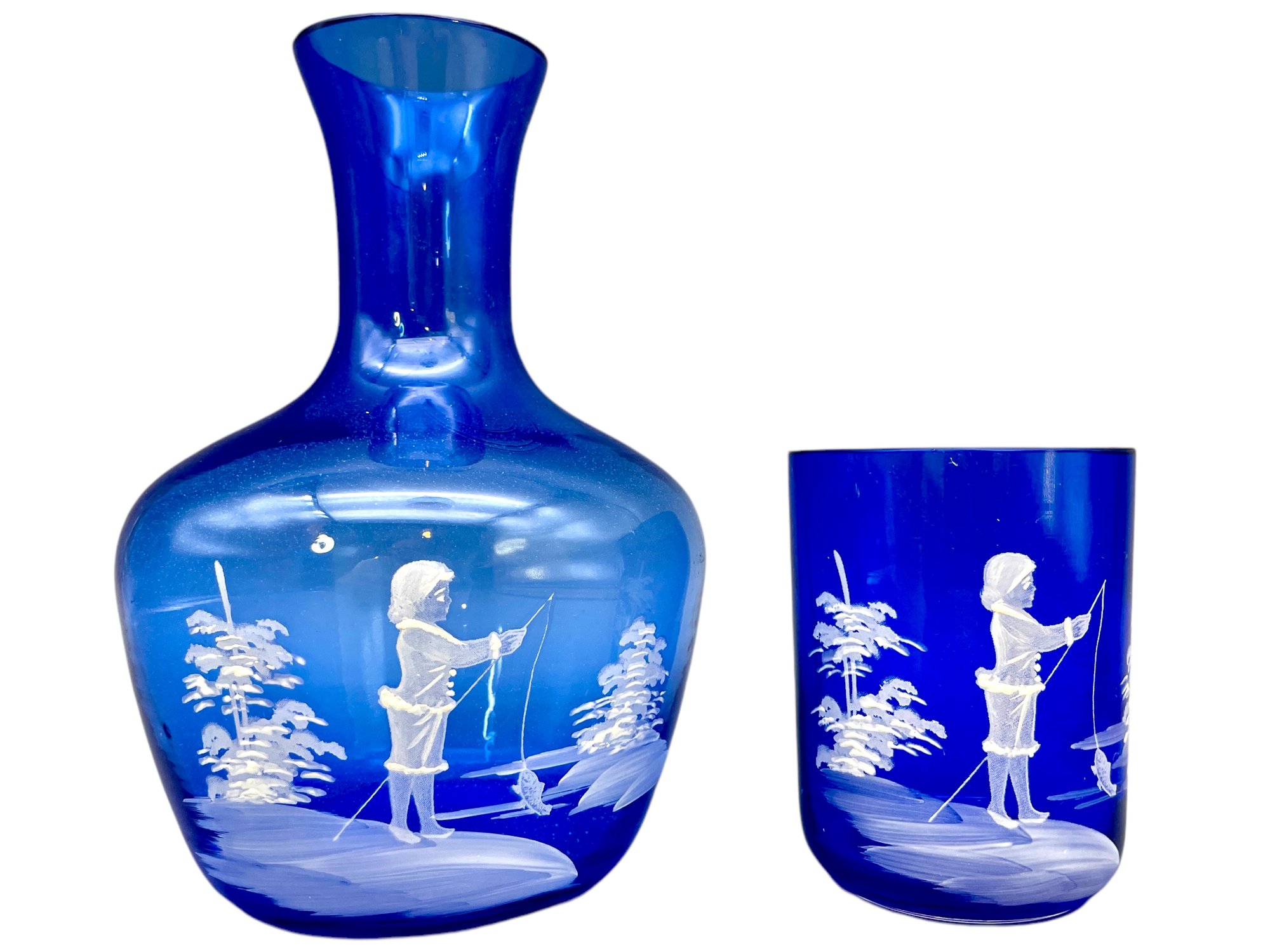 Mary Gregory , Hand Decorated Deep Blue Carafe And Cup With A Fishing ...