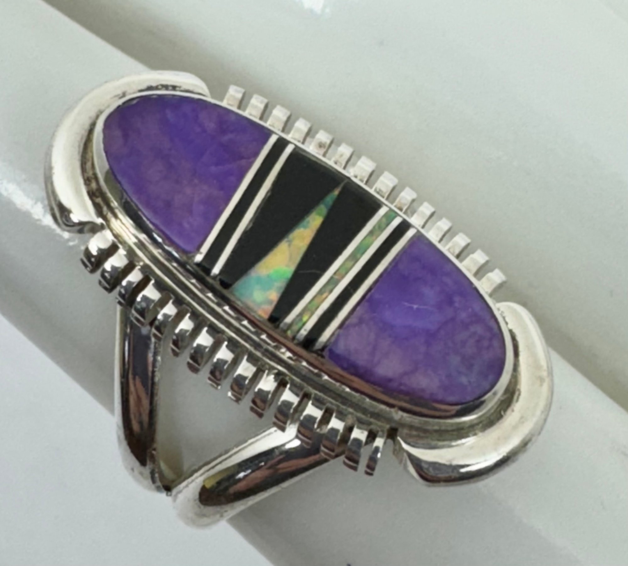 NATIVE AMERICAN STERLING SILVER SUGILITE, OPAL AND ONYX INLAY RING ...