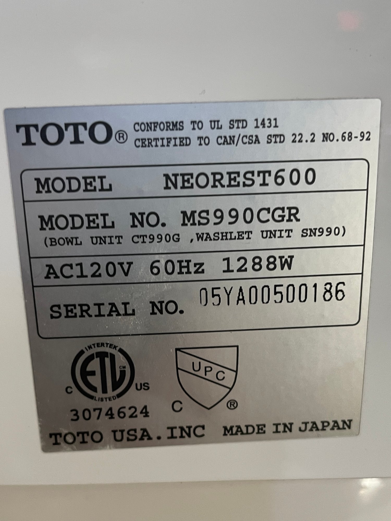 Toto Neorest 600 - One Piece Elongated Washlet - 1 Of 2 #40824791 ...