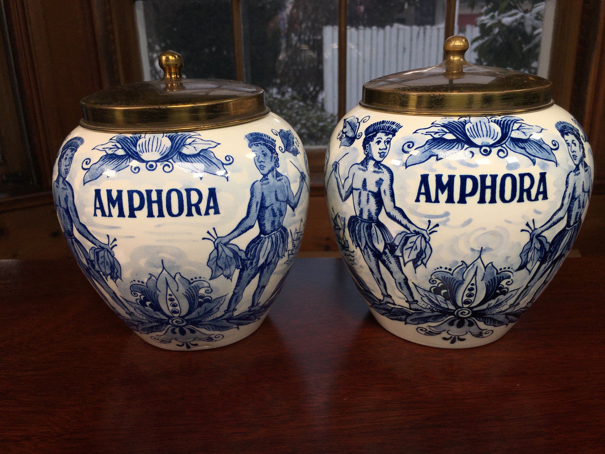 Two Lovely Vintage Delft Amphora / Tobacco Jars With Brass Lids - Hand Painted In Holland - Very ...