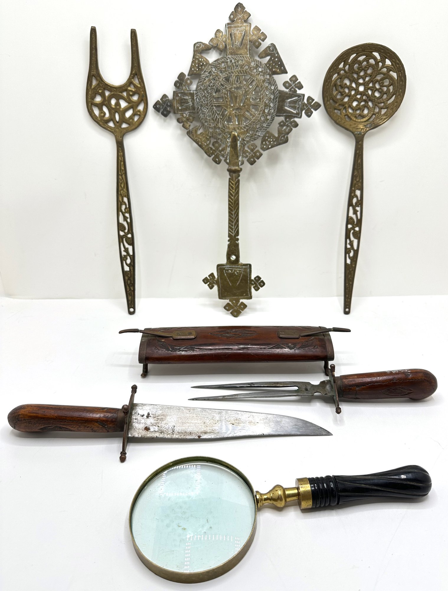 Vintage Indian Carving Set, Oversized Brass Utensils, Ethiopian Cross ...