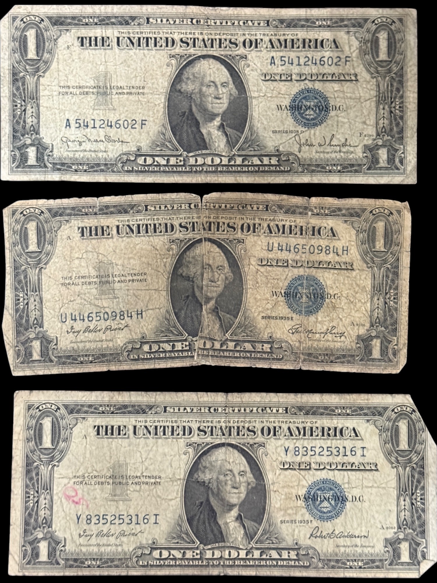 Beautiful Lot Of 3 One Dollar Bill -Silver Certificate U.S. Note 1935-E ...