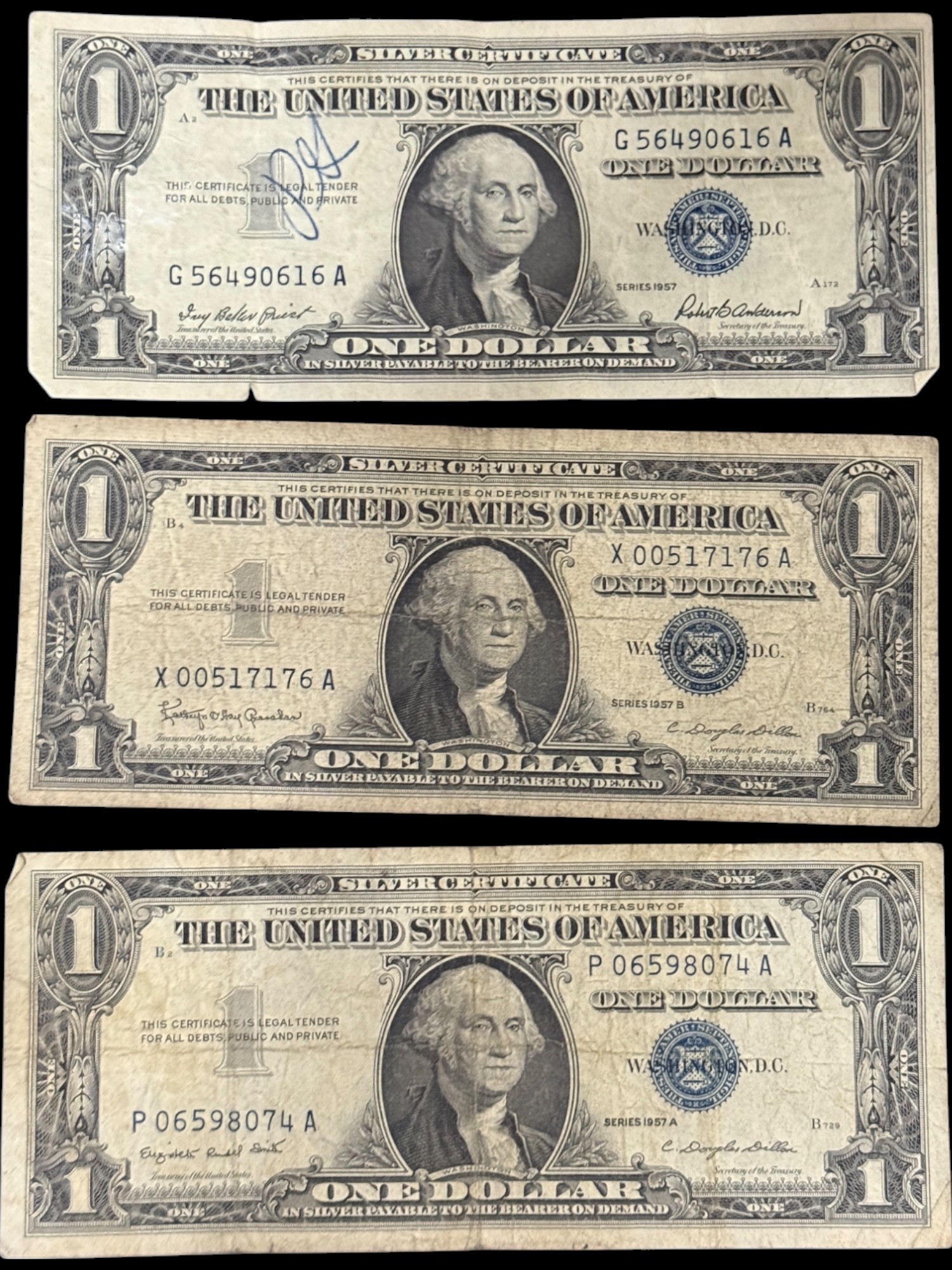 Beautiful Lot Of 3 One Dollar Bill -Silver Certificate U.S. Note 1957 ...