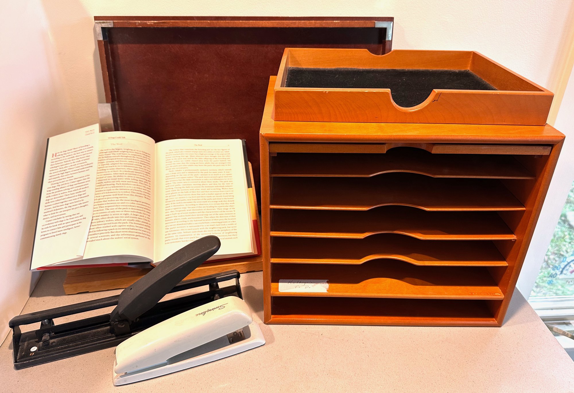 Vintage Wood Office Paper Organizer, Book Stand, 2 Wood Trays, Stapler ...