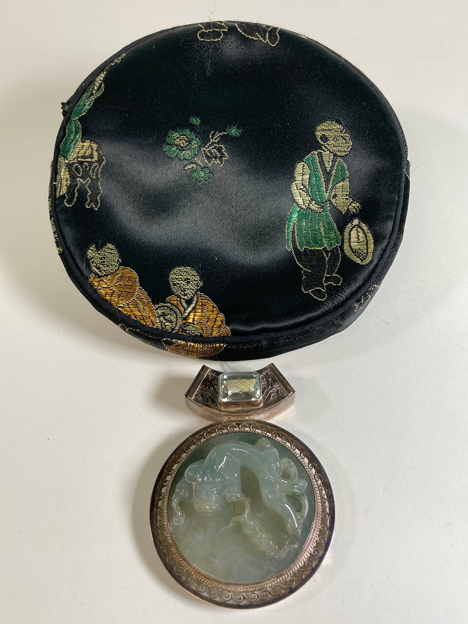Hand Carved Dragon Jade Disc And Sterling 925 Silver With Aquamarine ...