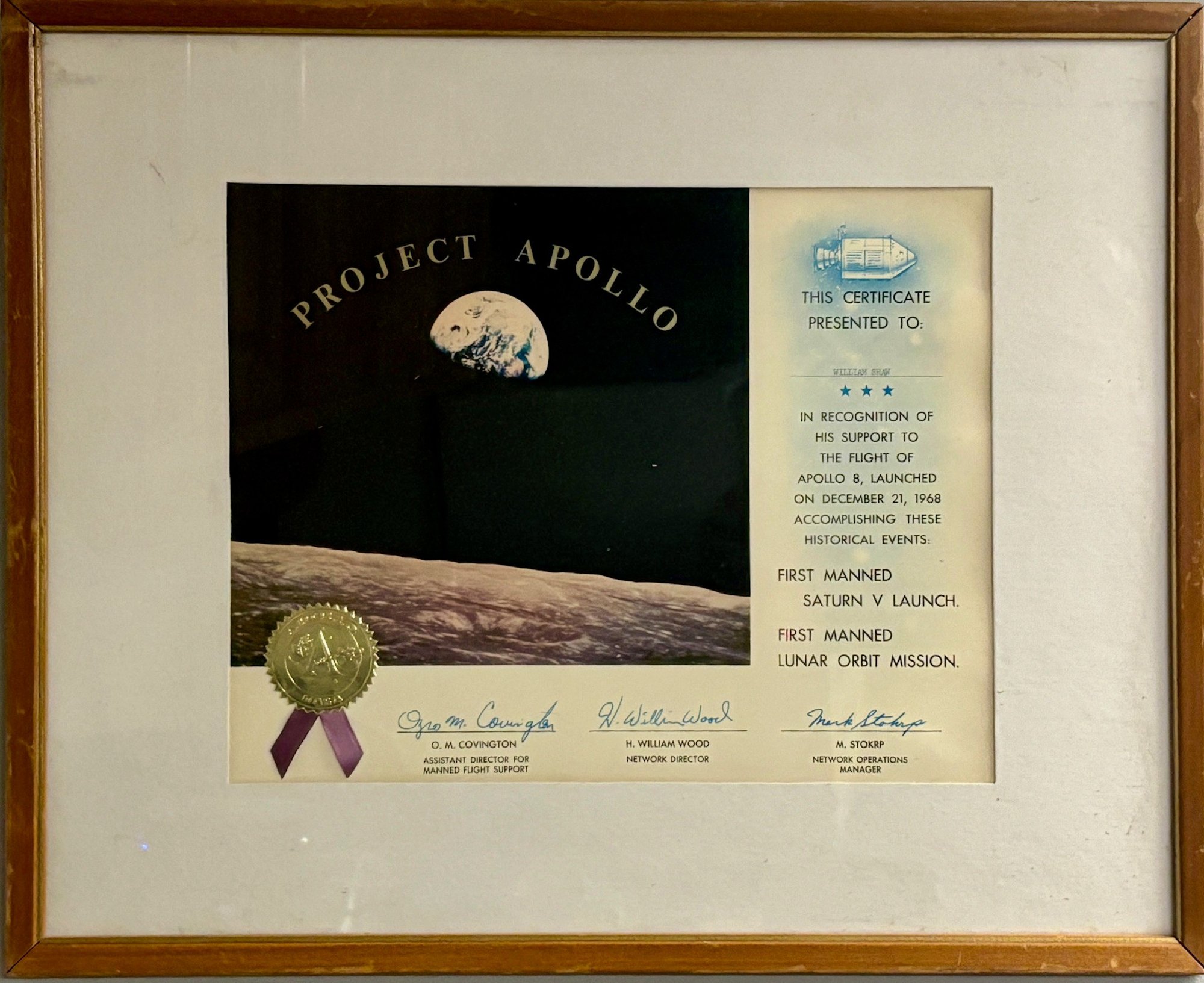 Framed NASA Apollo 8 Commemorative Certificate First Manned Lunar Orbit ...
