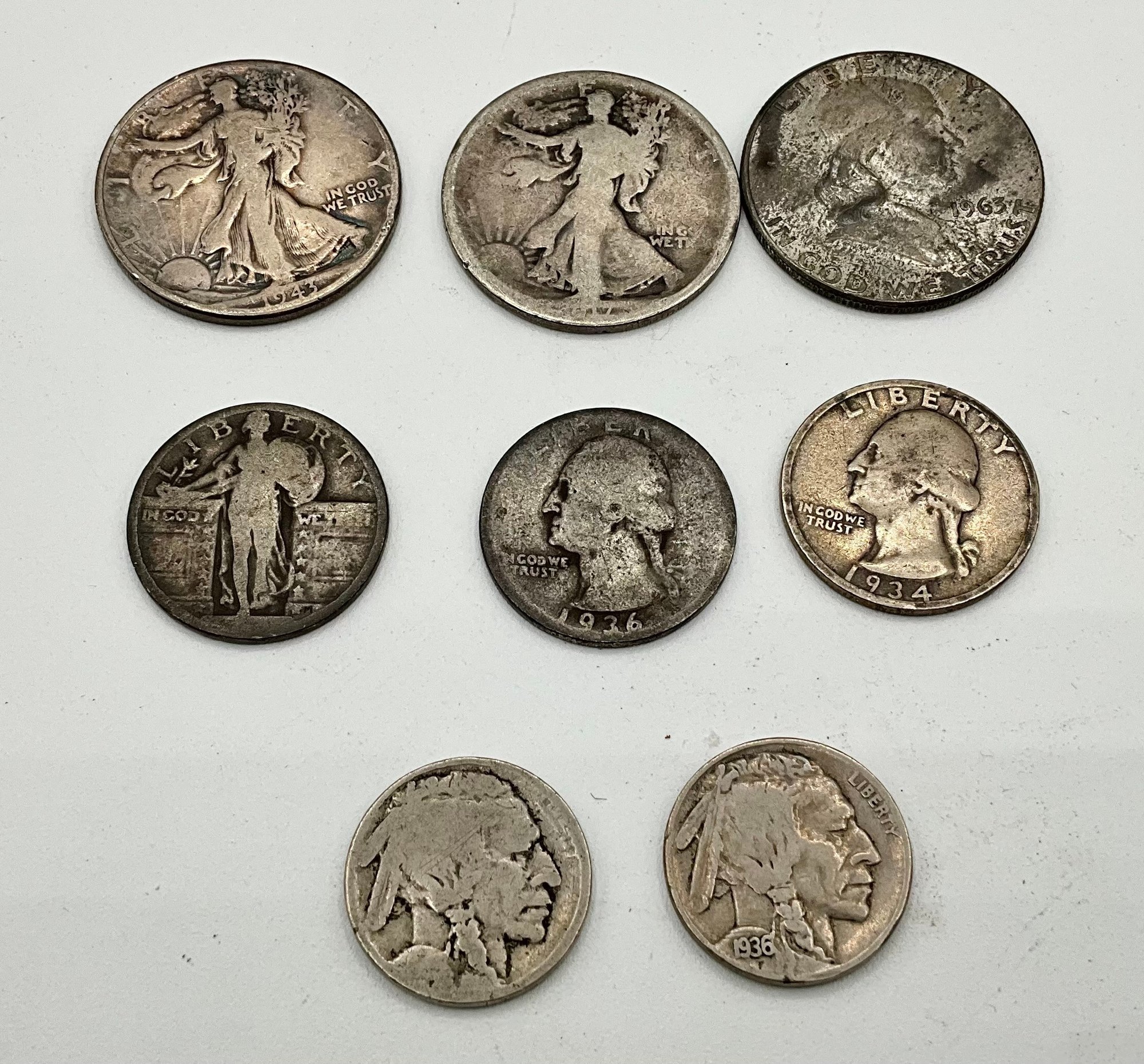 8 Vintage Coins 2 Liberty Walking Half Dollars, Ben Franklin Half ...