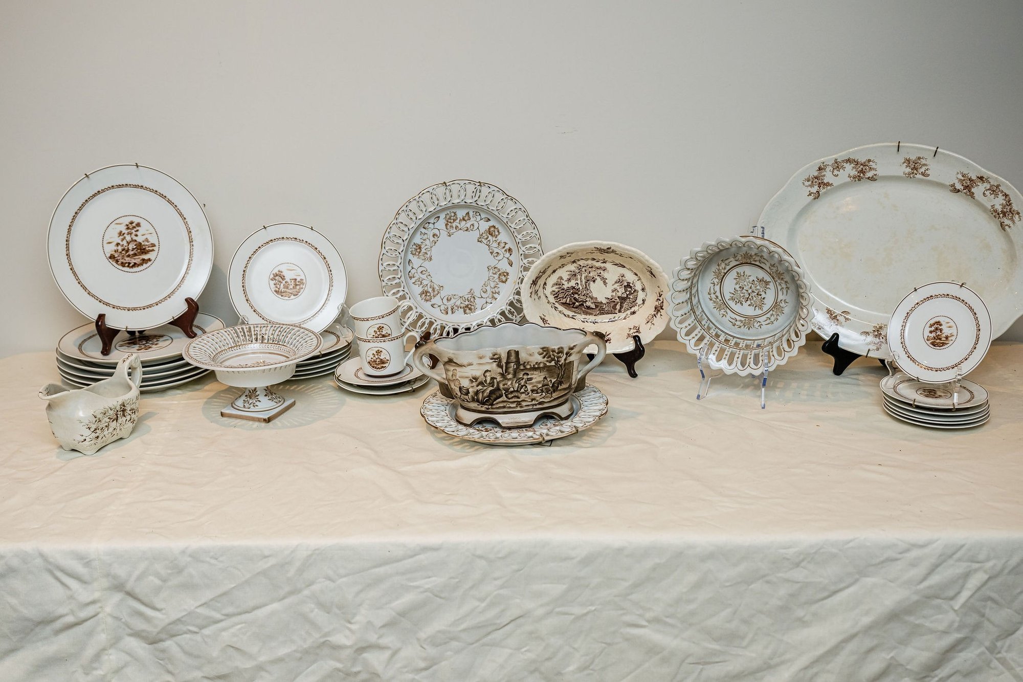 Assorted Sepia Brown Transferware And Swiss Porcelain Ware With ...