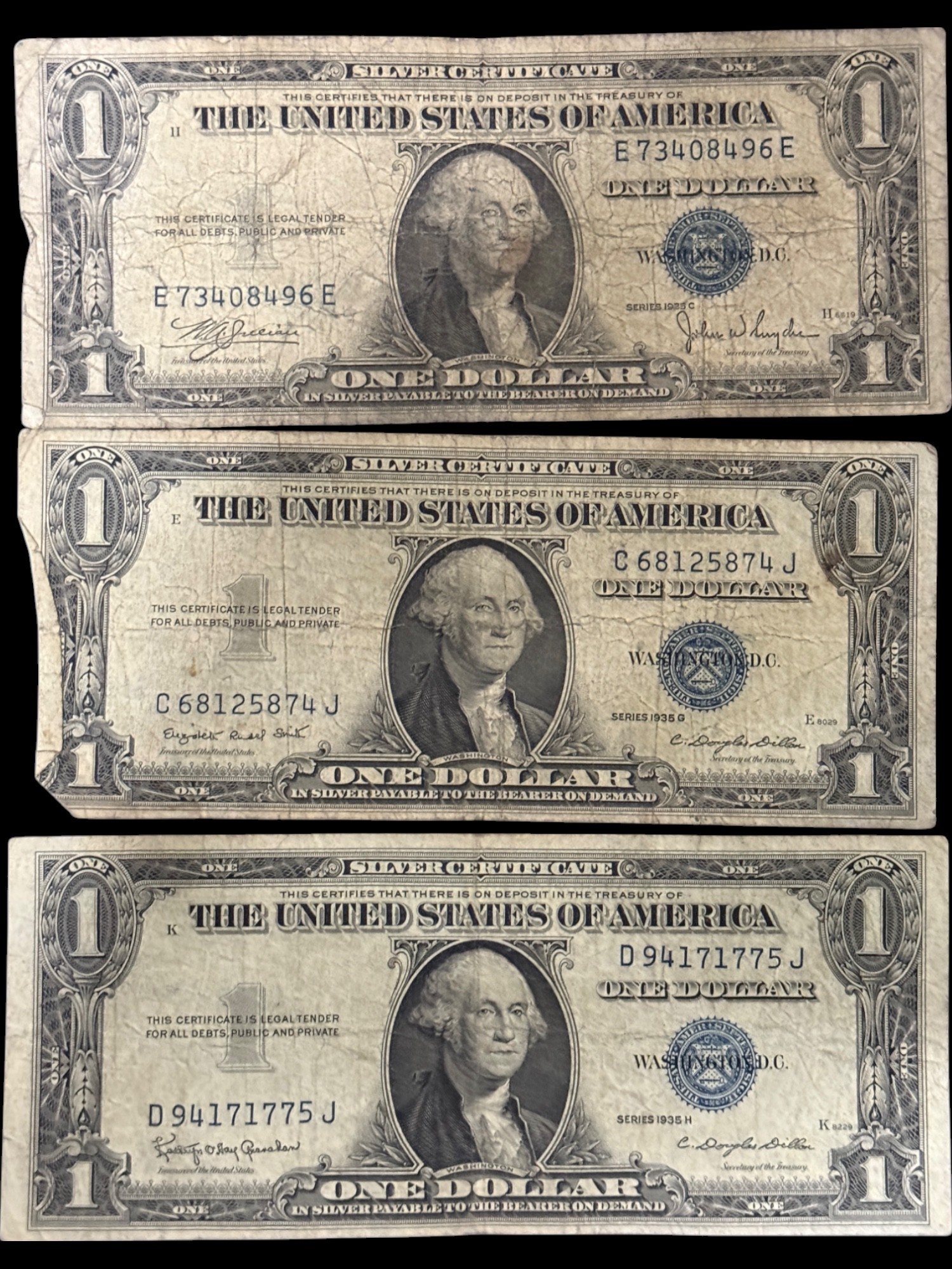 Beautiful Lot Of 3 One Dollar Bill -Silver Certificate U.S. Note 1935-G ...
