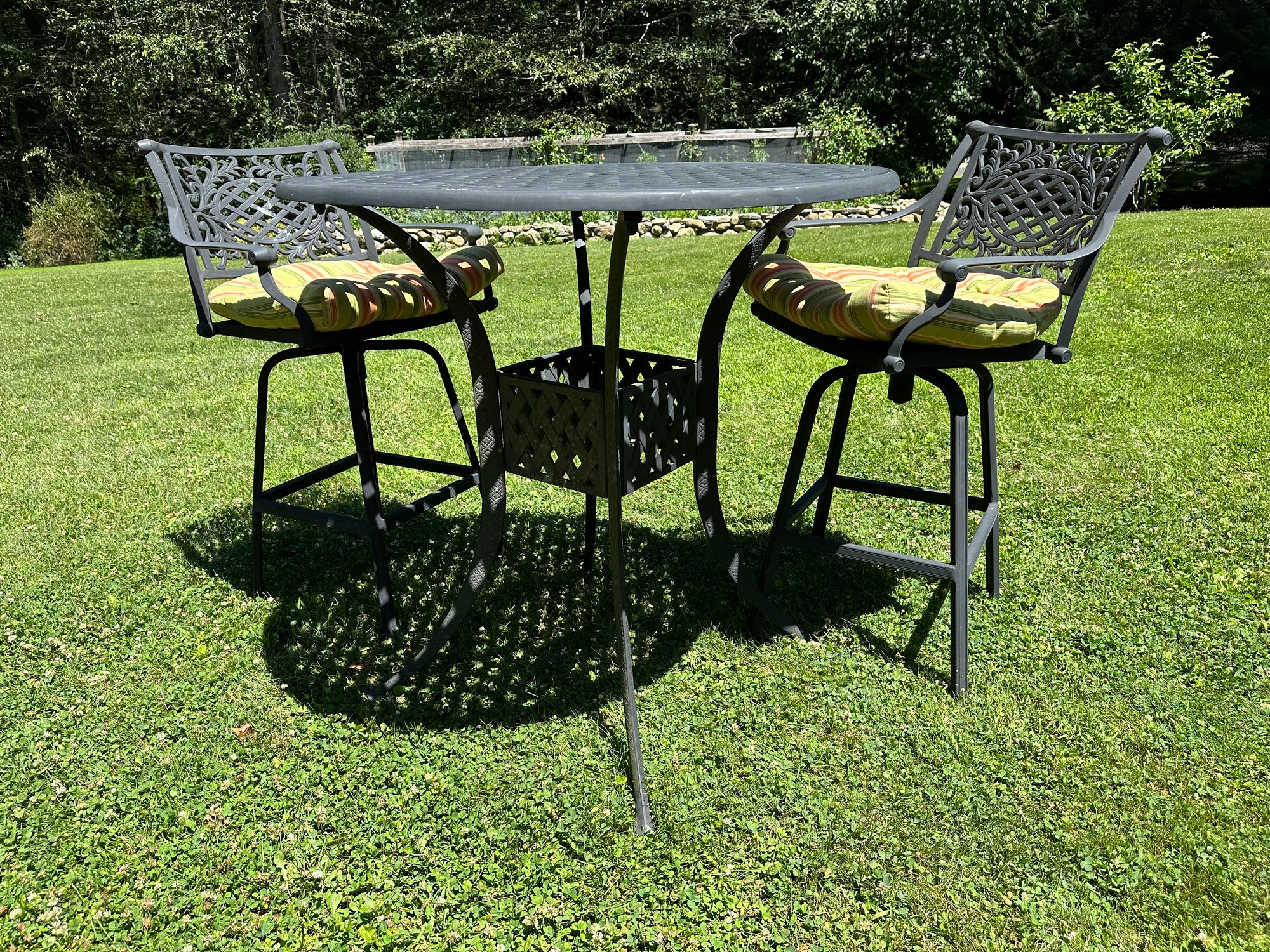 Round Cast Aluminum Outdoor High Boy Table And Pair Of Chairs #1906058 ...