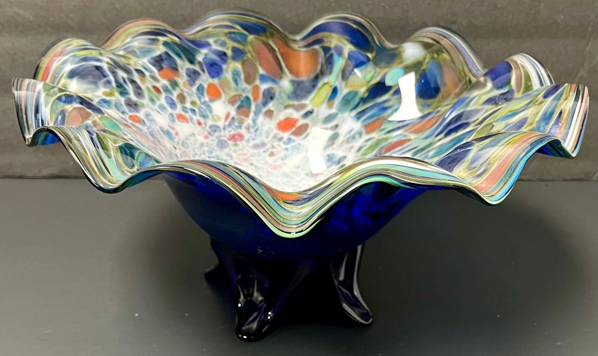 Vintage Art Glass Centerpiece Bowl - Joe Deanda - White & Spotted Bold ...