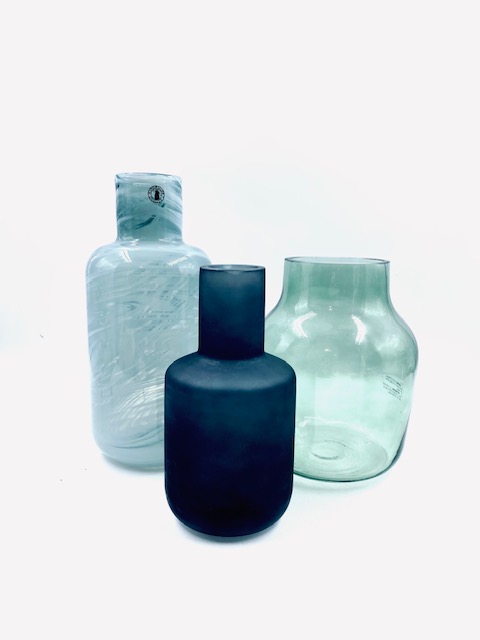 Trio Of Grey/blue Tone Hand-blown MCM Style Bottle Form Art Glass ...