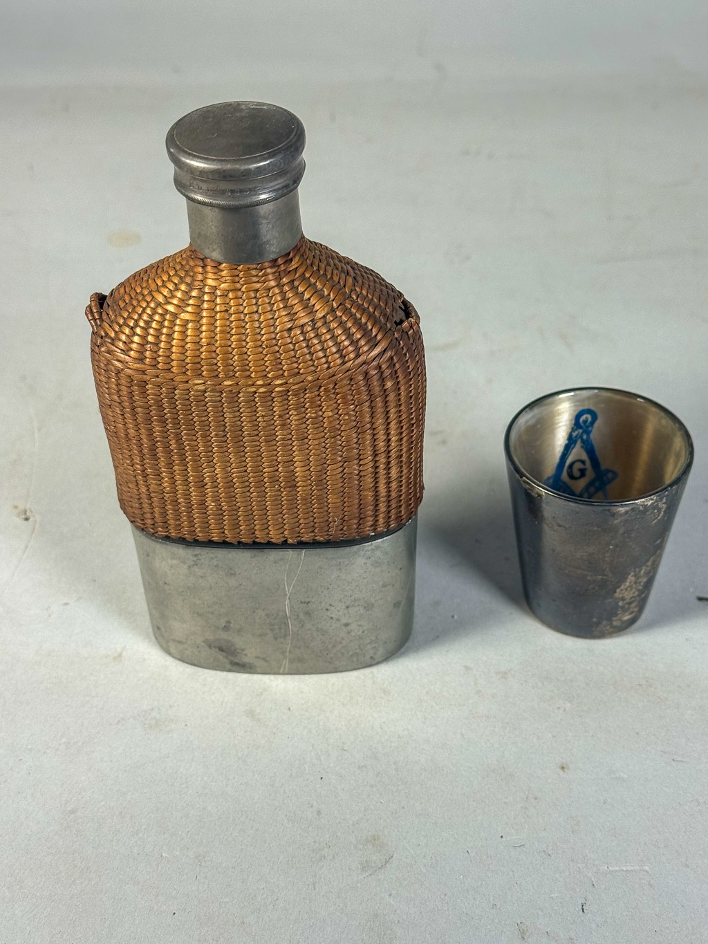 BOARDMAN STERLING SILVER MASONIC SHOT GLASS W/ ANTIQUE PEWTER FLASK ...