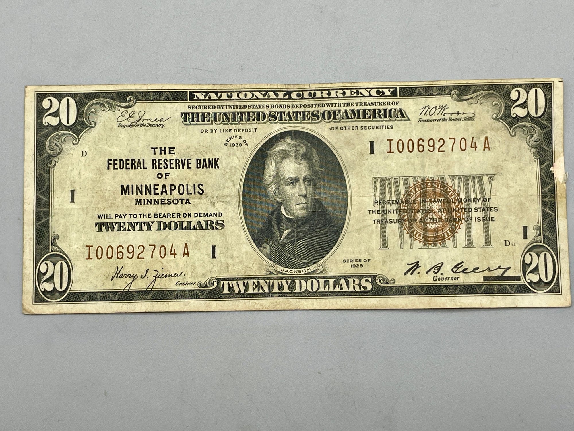 1929 The Federal Reserve Bank Of Minneapolis $20 Bill . #2052455 ...