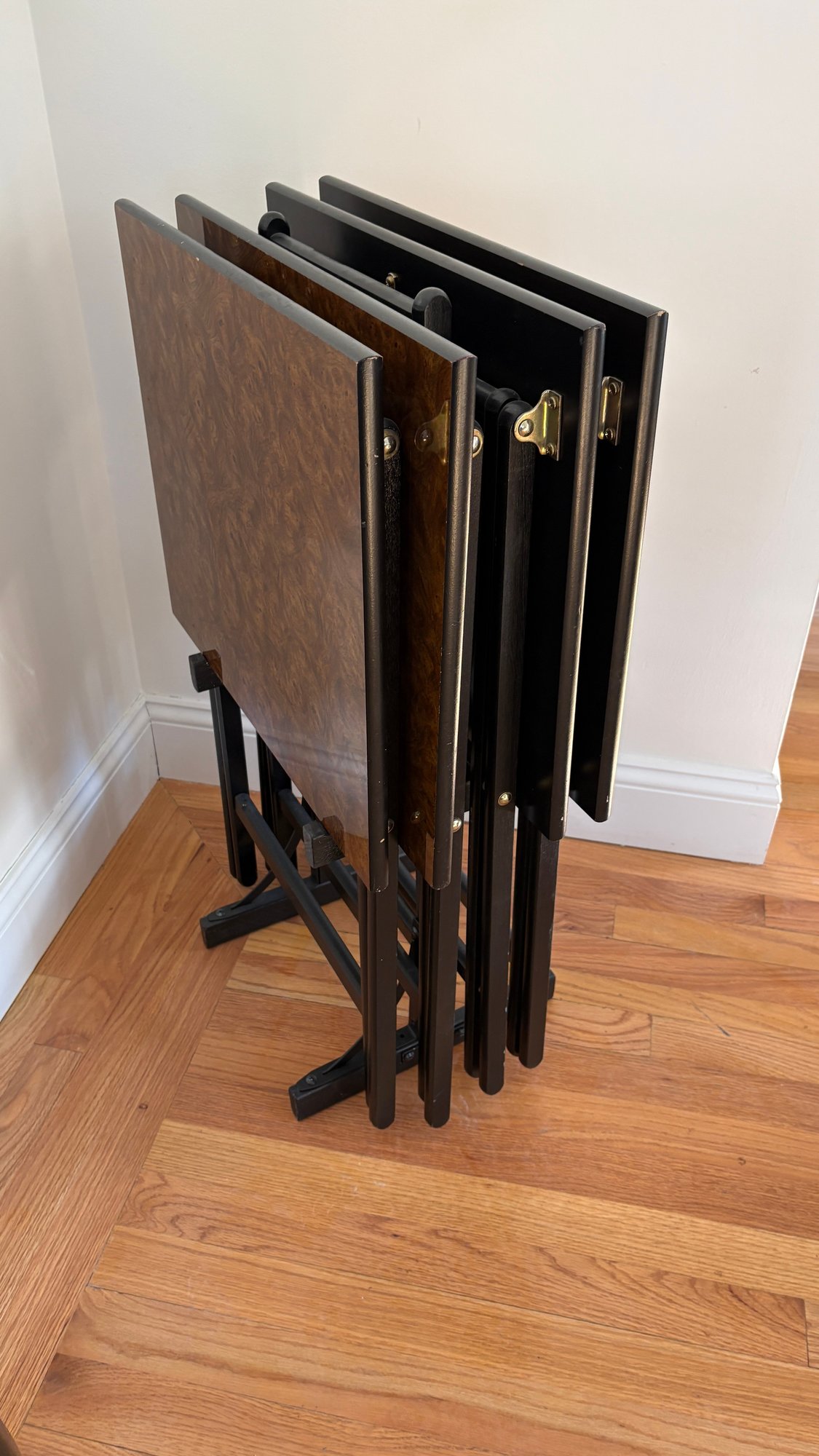 Set Of Four Portable Wooden Folding Side Tables With Burlwood Laminated ...