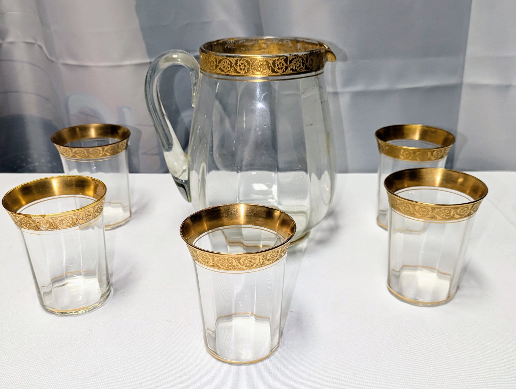 Vintage 20th Century Gold Rimmed Fluted Pitchers & 5 Matching Glasses ...