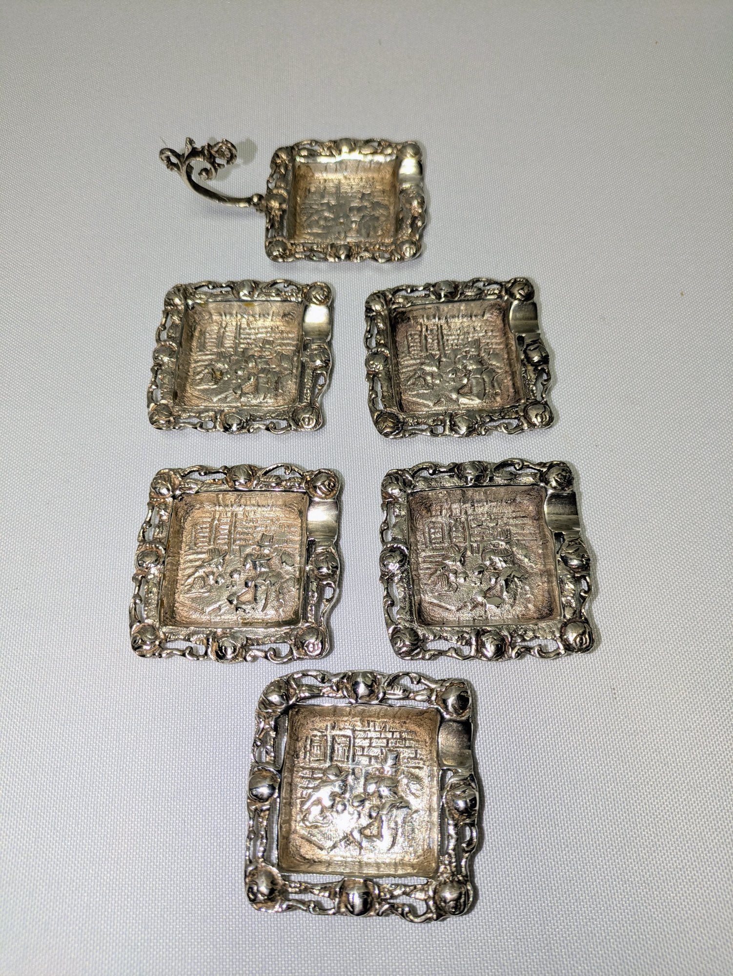 Set Of (6) Antique 800 German Silver Personal Ashtrays With Stand ...