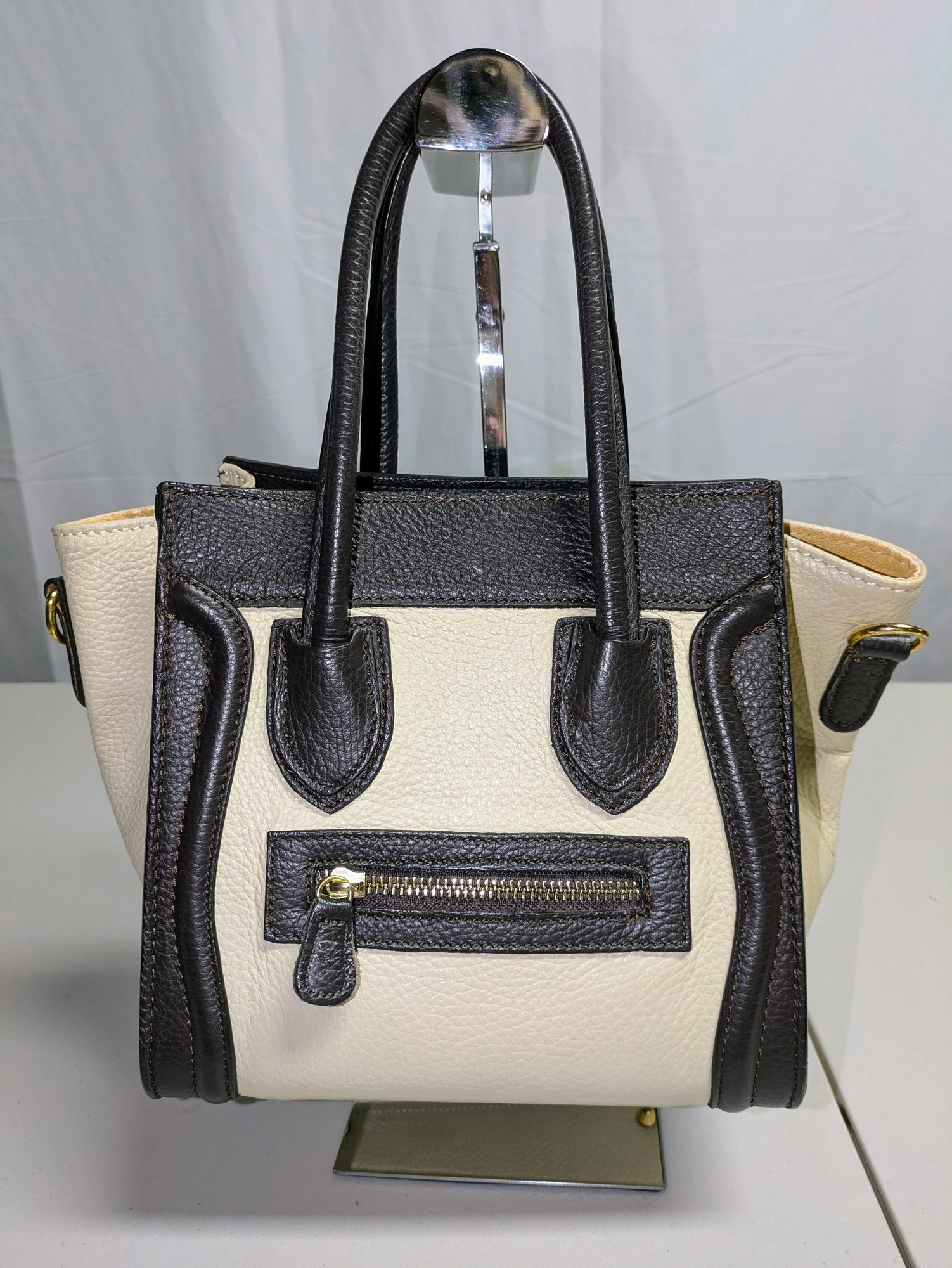 Cream & Dark Brown/Black Genuine Leather Handbag (missing Shoulder ...