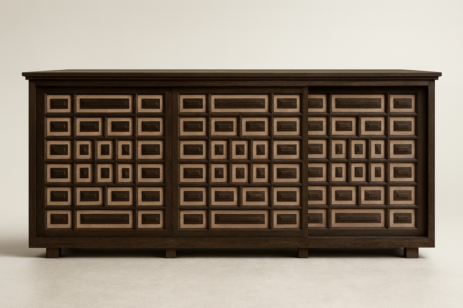 Vintage Brutalist Style Paneled Credenza With Two-tone Coffered Panel ...